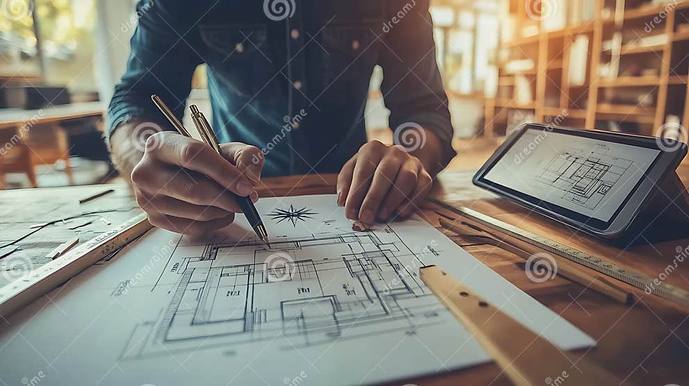 A Close-up of a Designer’s Hands Working on an Architectural Plan with ...