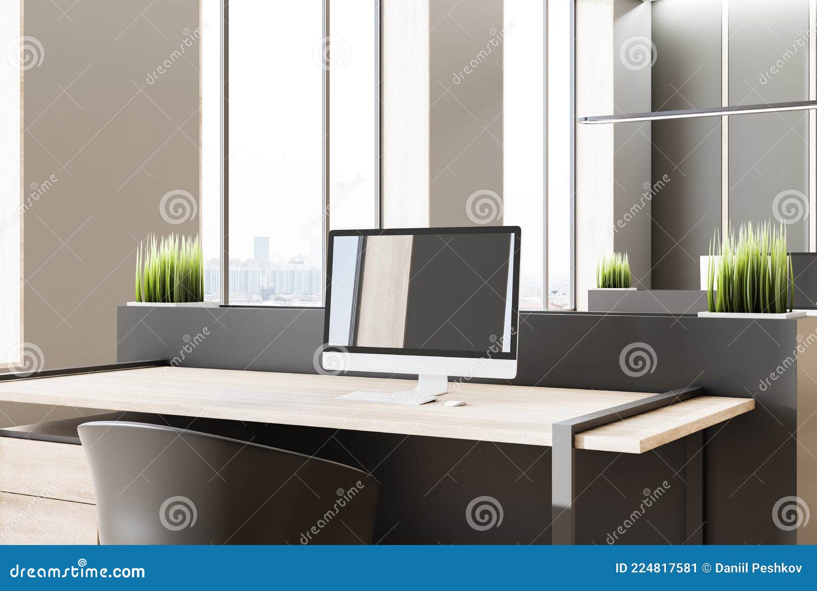 Close Up of Desk with Empty Laptop with Reflections in Modern Office ...