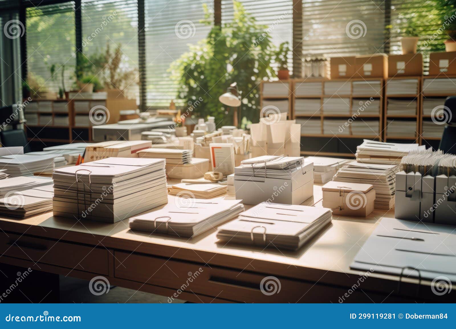 Close-up of a Desk in Modern Office. Stacks of Papers and Blueprints ...