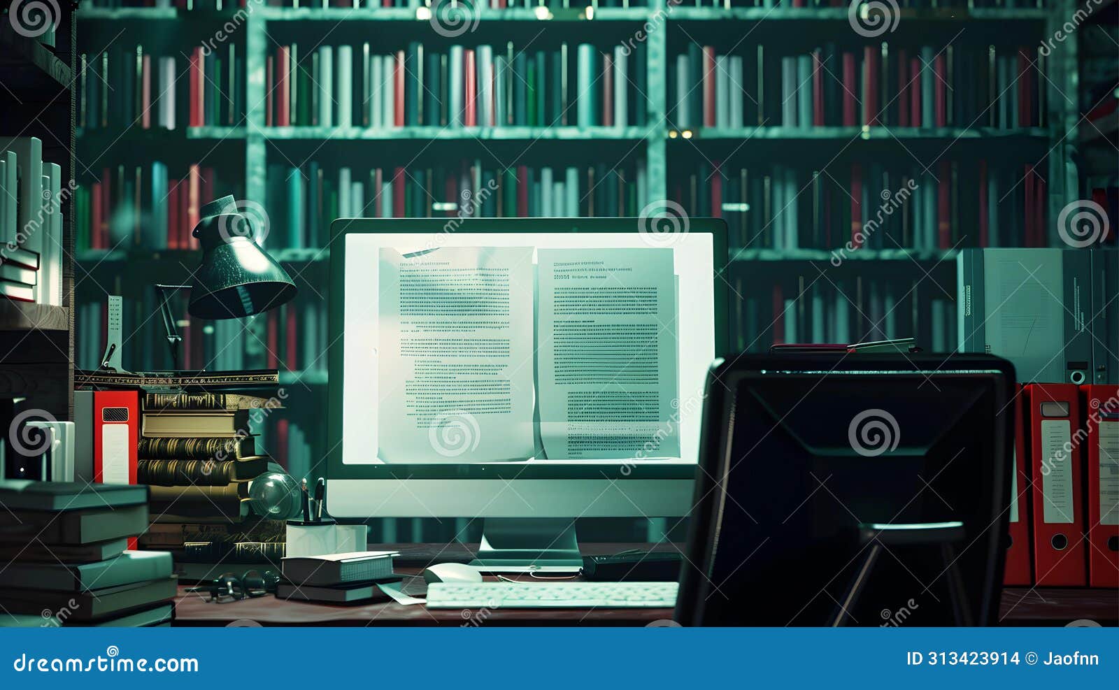 Close Up of a Desktop Computer and Bookshelf in the Background Stock ...