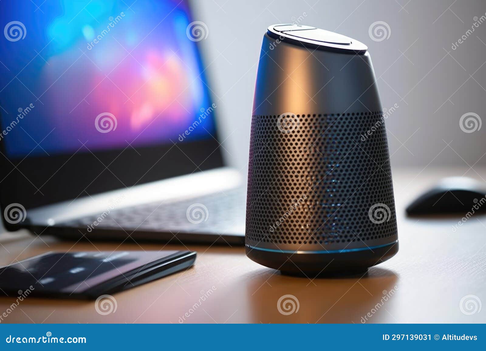Close-up of a Desktop Computer with Voice Assistant Stock Image - Image ...