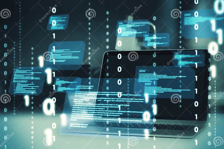 Close Up of Desktop with Laptop Computer and Abstract Coding Binary ...