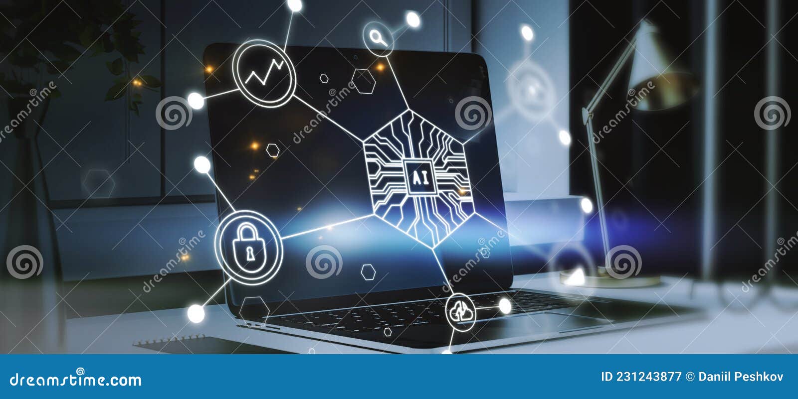 Close Up of Desktop with Laptop Computer and Abstract Glowing AI ...