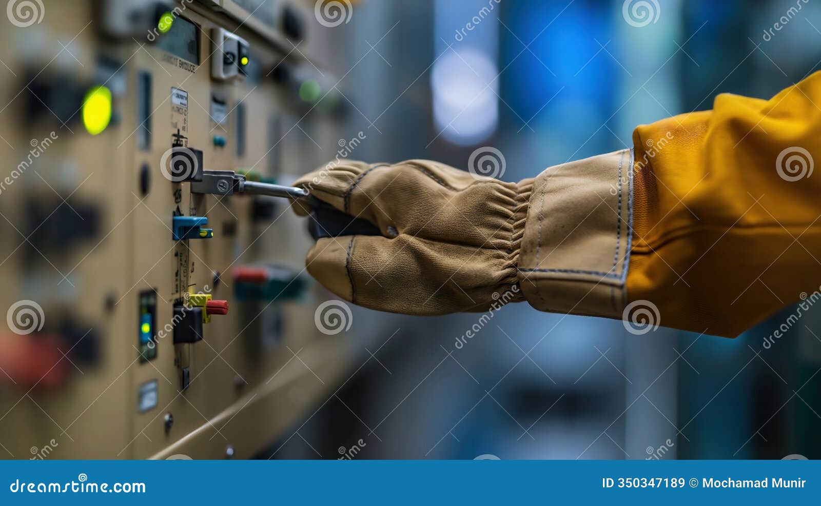 Close Up Detail of Hand Pulling the Lever in Electrical Control Panel ...