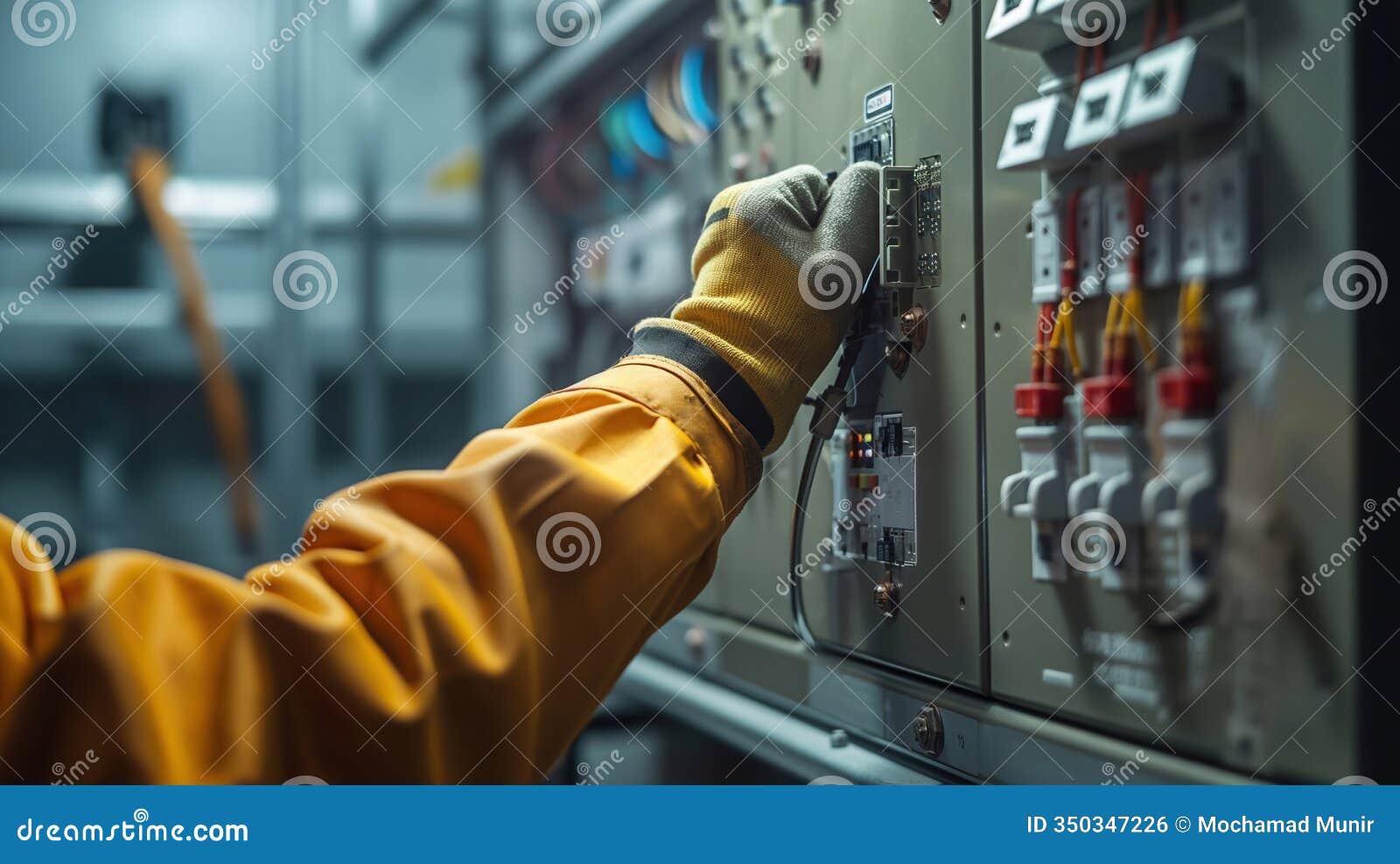 Close Up Detail of Hand Pulling the Lever in Electrical Control Panel ...