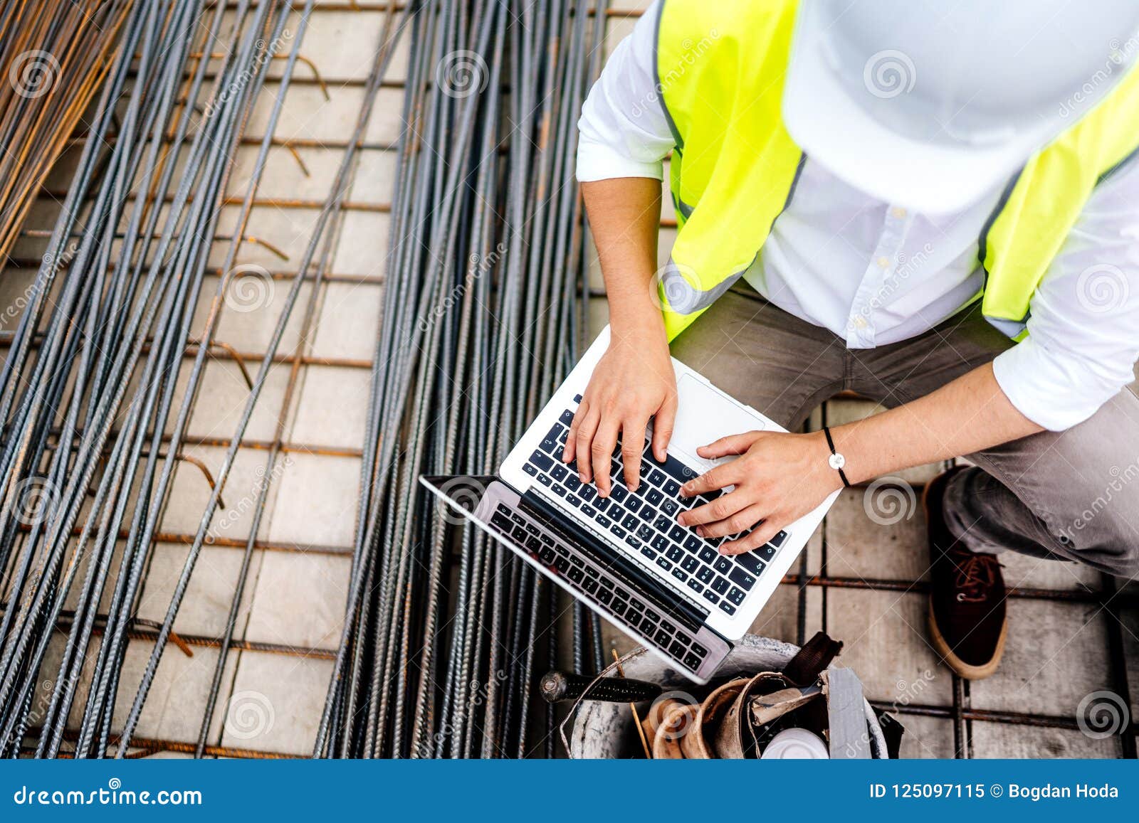 Details of Worker on Construction Site Using Laptop Stock Image - Image ...