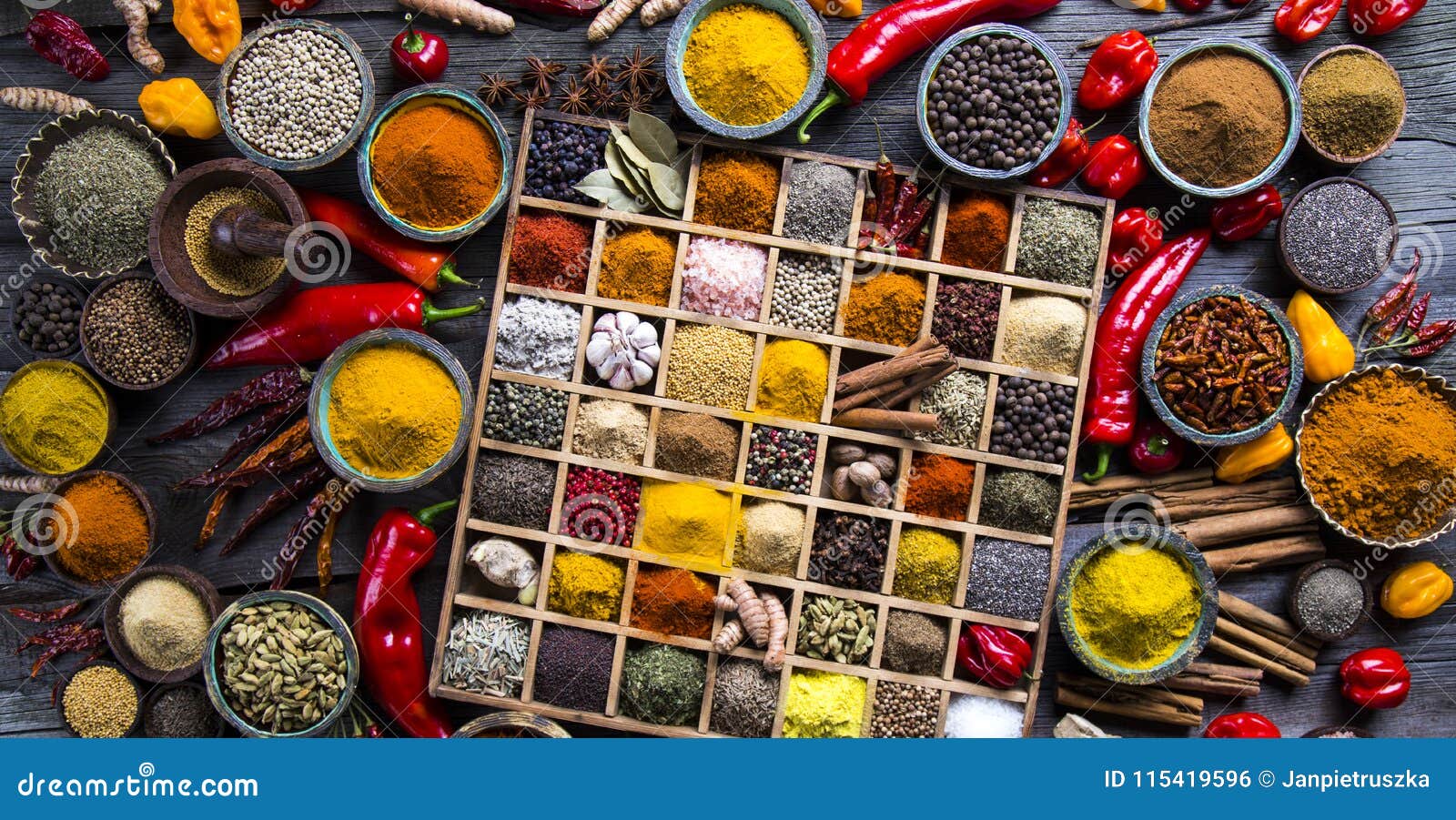 Assorted Spices in a Wooden Box Stock Photo - Image of leaf, group ...