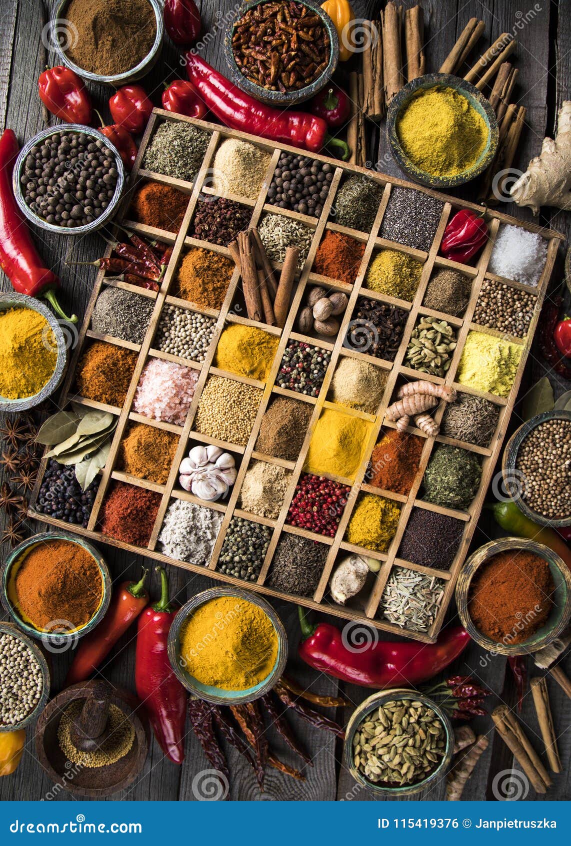 Assorted Spices in a Wooden Box Stock Photo - Image of group, organic ...
