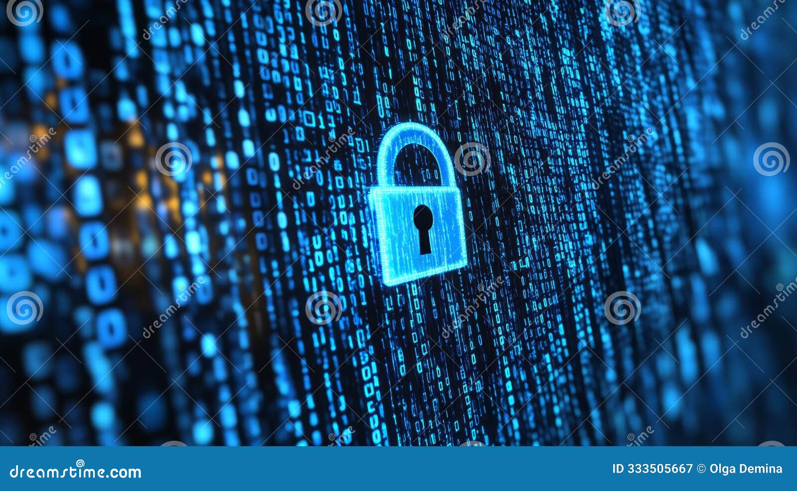 Close-up of a Digital Lock Icon on a Matrix of Blue Binary Code ...