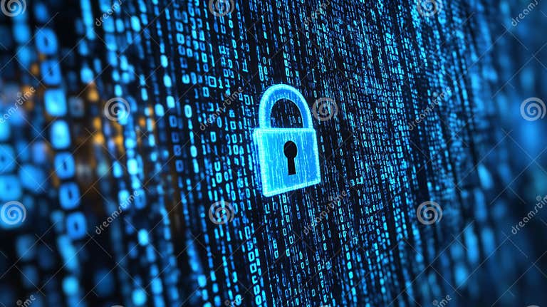 Close-up of a Digital Lock Icon on a Matrix of Blue Binary Code. Symbolizes Cybersecurity, Data ...