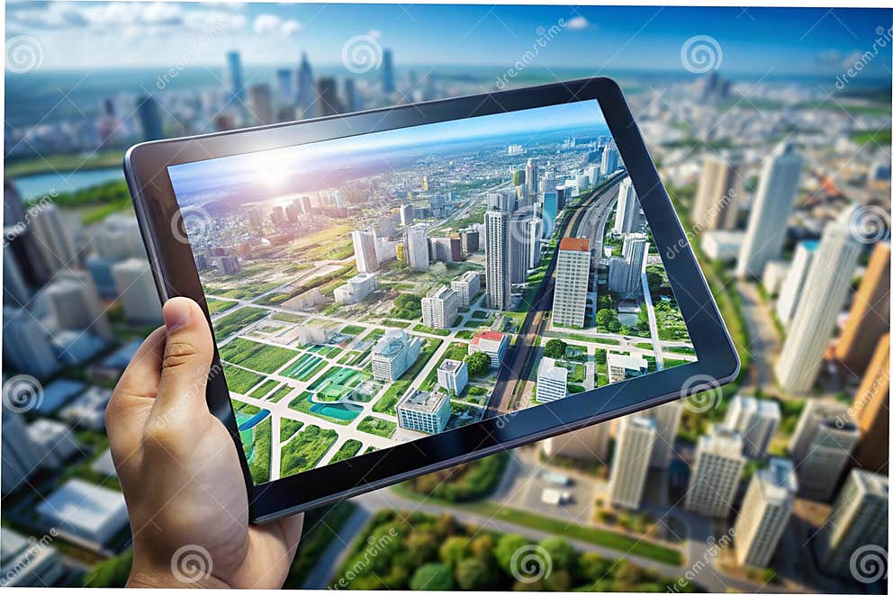 Close-up of a Digital Tablet Displaying a Virtual Map, Smart City, and ...