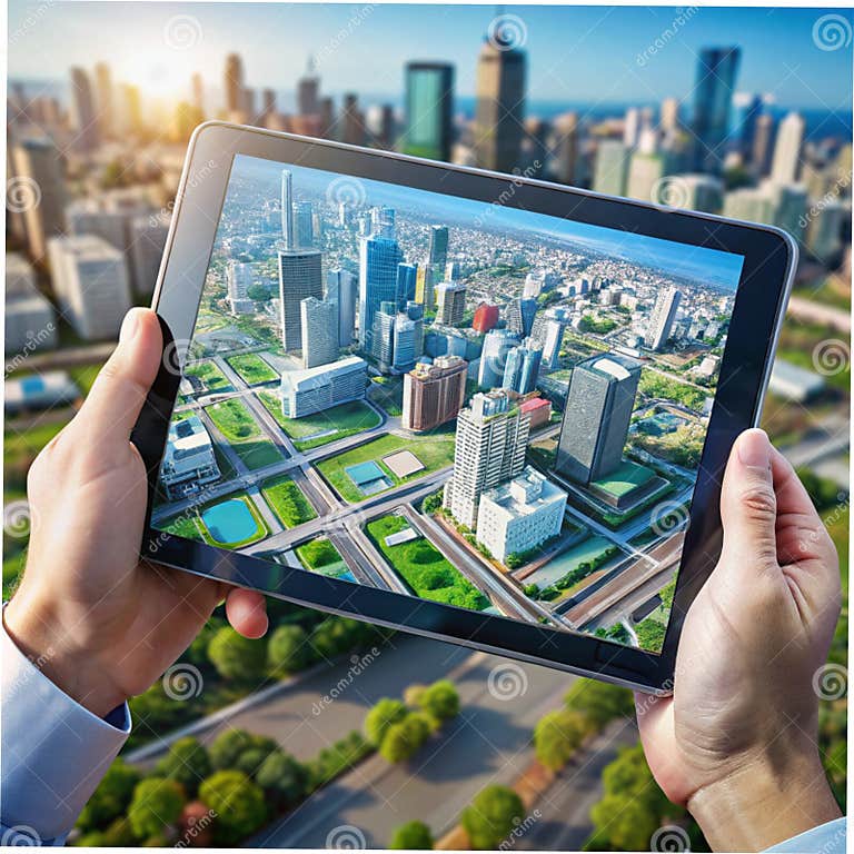 Close-up of a Digital Tablet Displaying a Virtual Map, Smart City, and ...