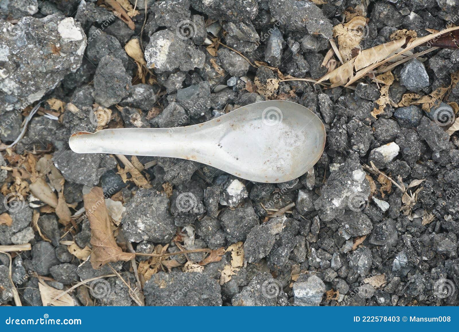 Dirty spoon on the ground stock image. Image of metal - 222578403