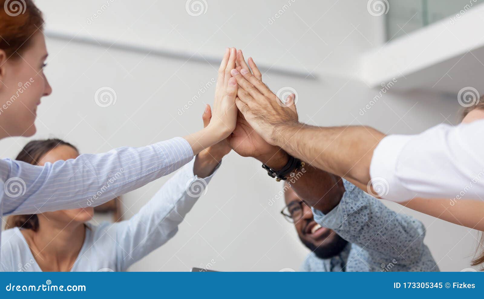 Close Up Diverse Employees Team Giving High Five At Company Meeting Stock Image Image Of Hands