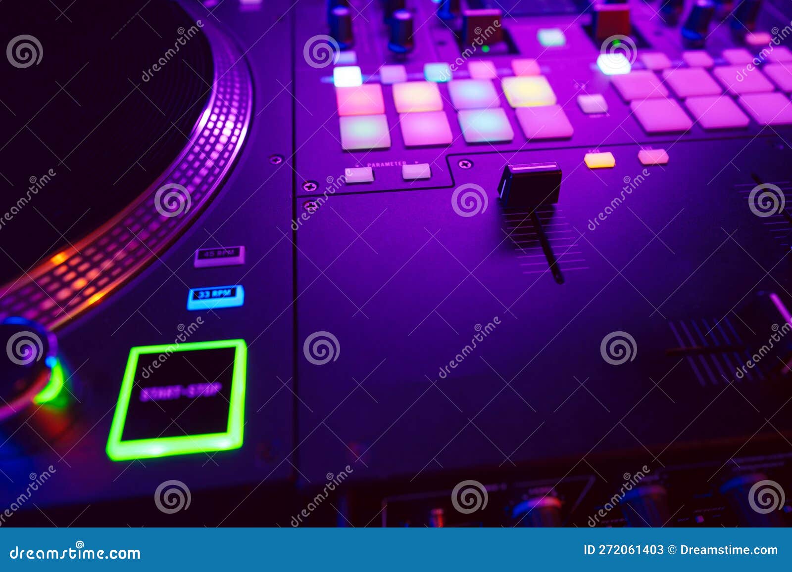 Close Up of DJ Mixing Console in Party Light Stock Image - Image of ...