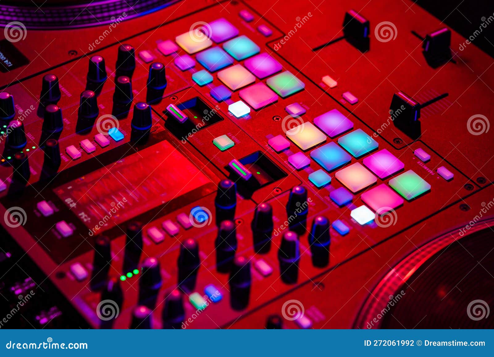 Close Up of DJ Mixing Console in Party Light Stock Photo - Image of ...