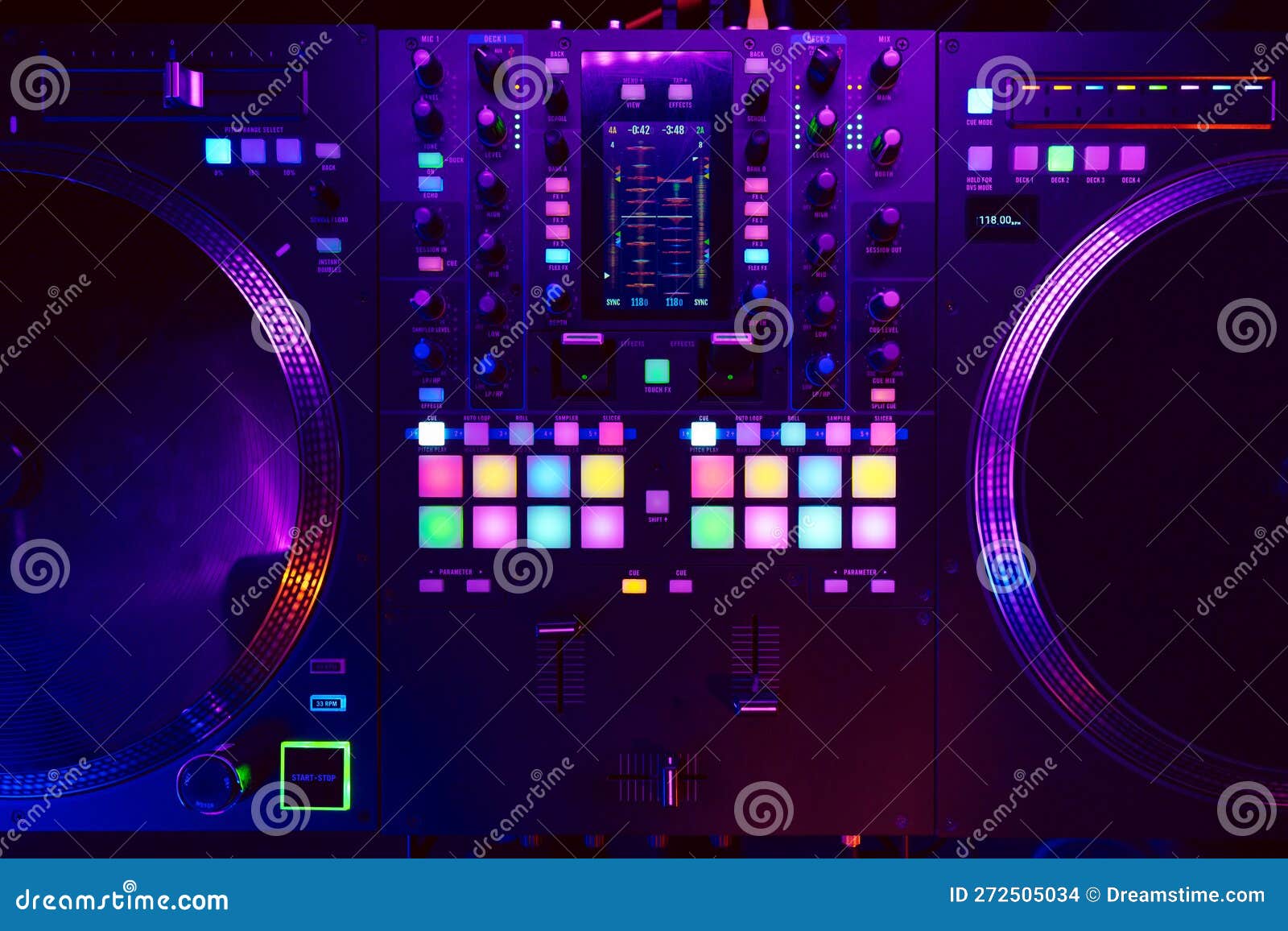 Close Up of DJ Mixing Console in Party Light Stock Photo - Image of ...
