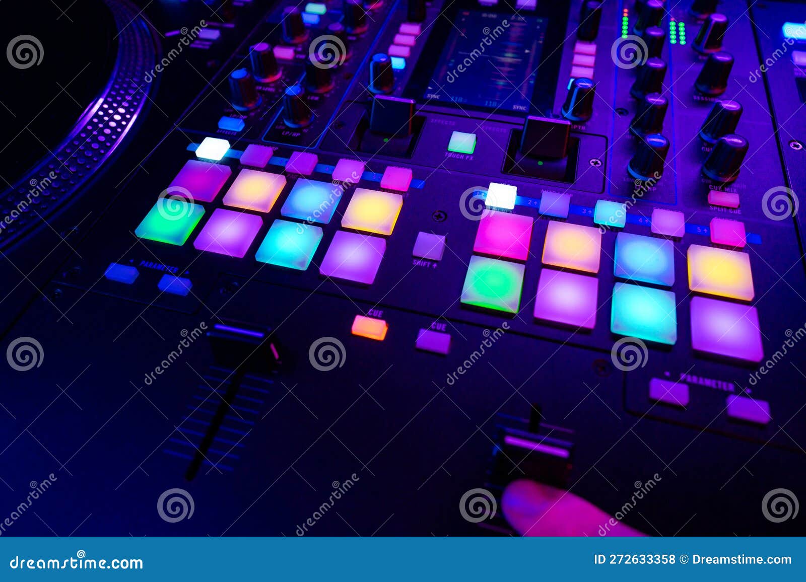 Close Up of DJ Mixing Console in Party Light Stock Photo - Image of ...