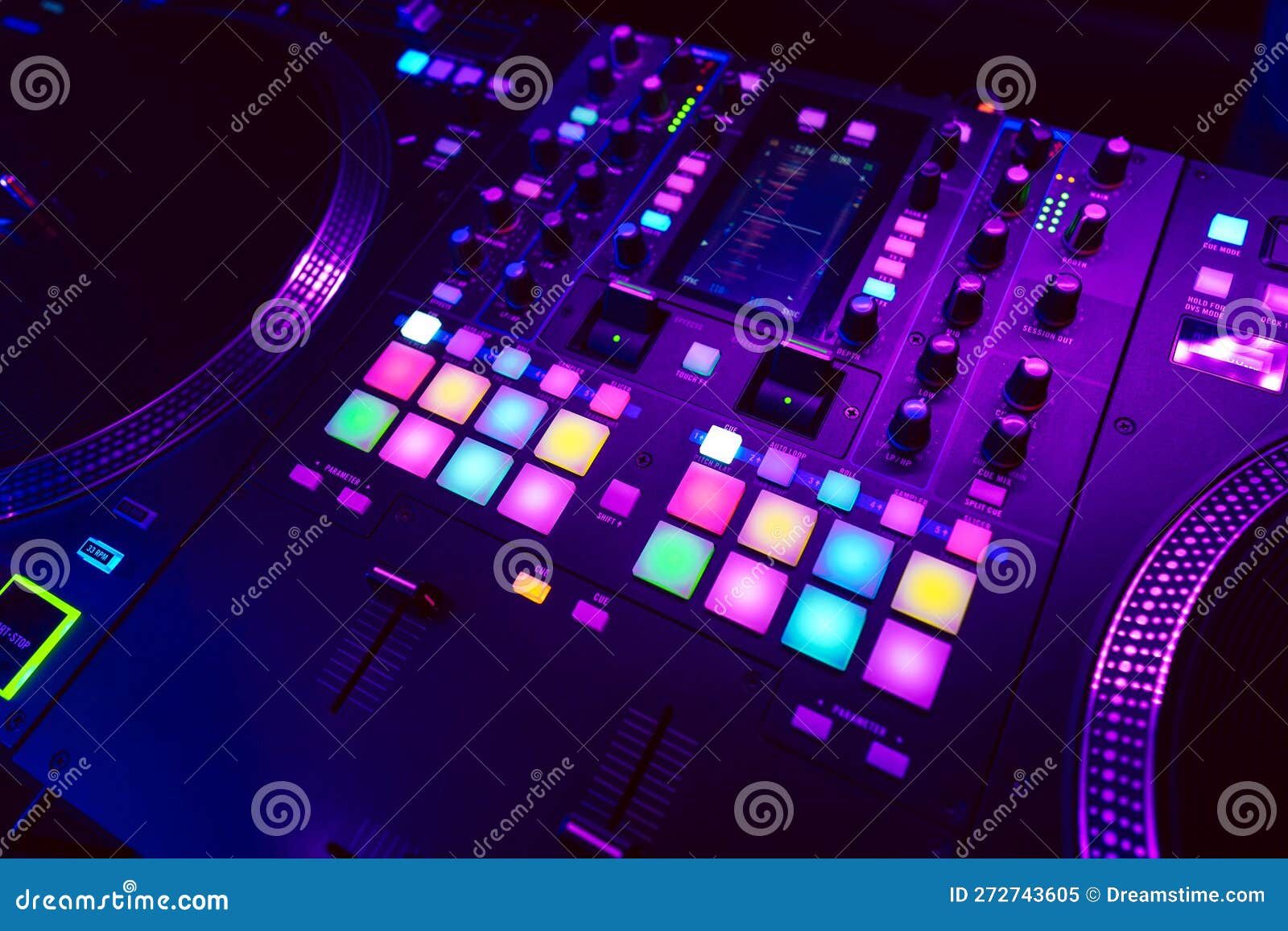 Close Up of DJ Mixing Console in Party Light Stock Image - Image of ...