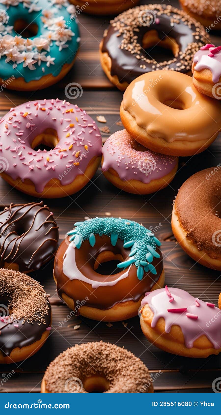 Close-up of Donuts on Wooden Table Illustration Artificial Intelligence Artwork Generated Stock ...