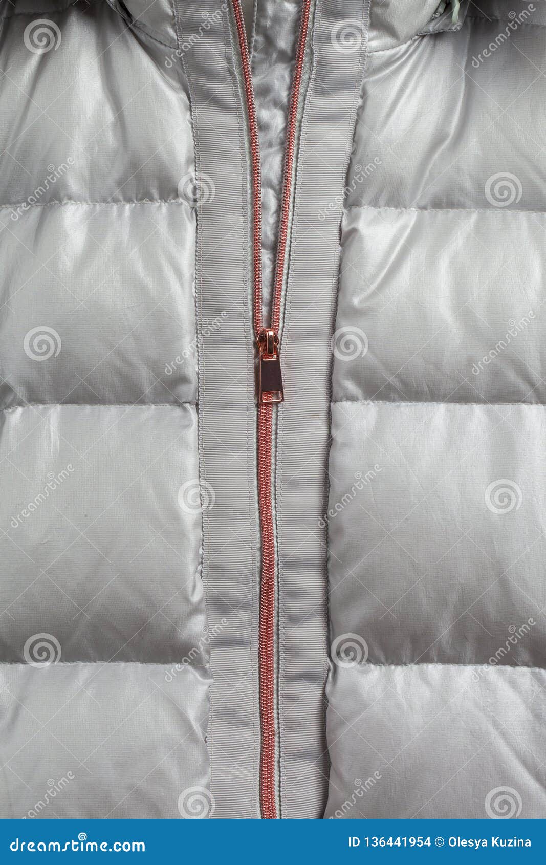 Close-up of a Down Jacket and Zipper. Silver Down Jacket Stock Photo ...