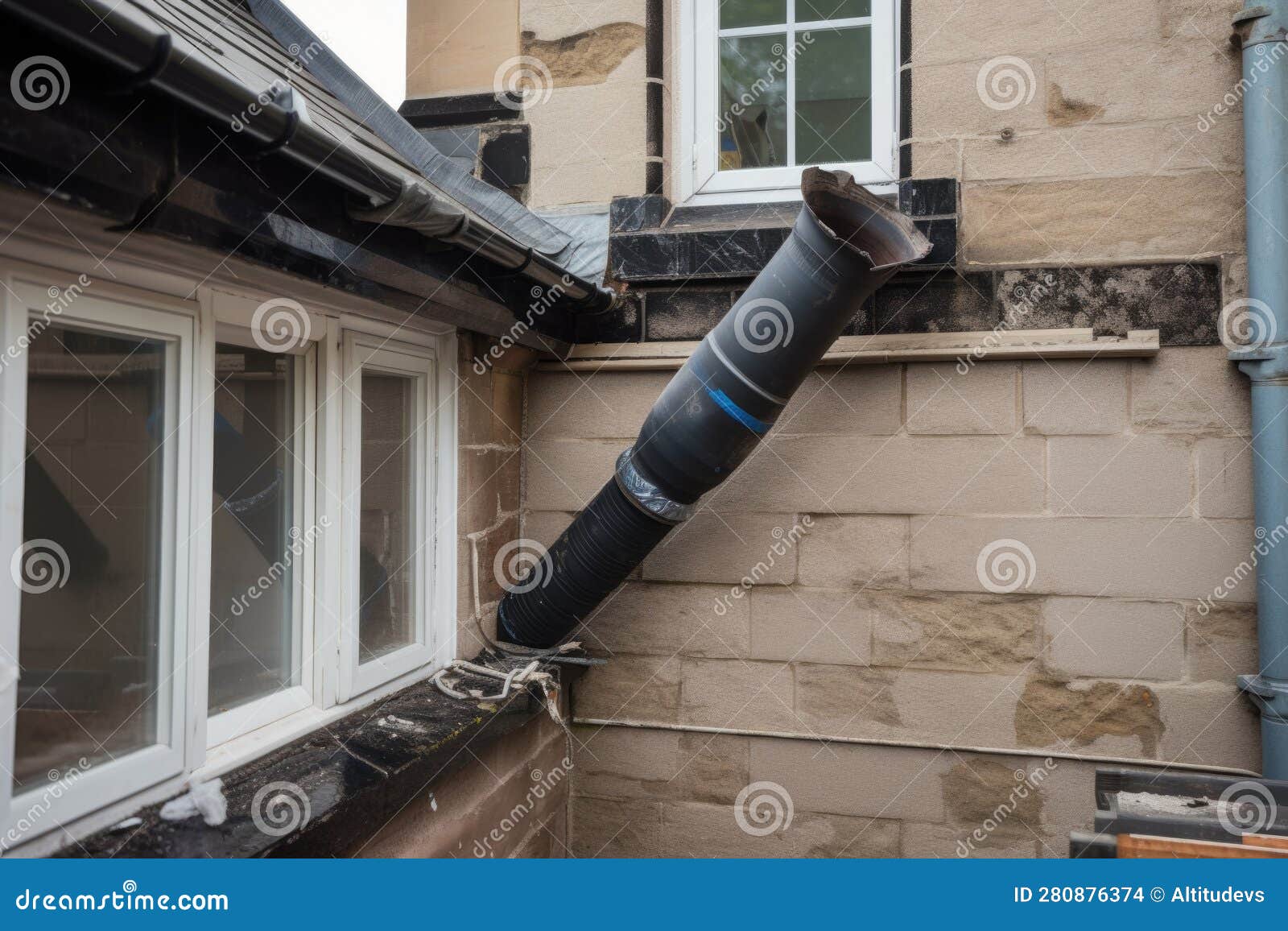 Close-up of Downpipe Being Removed from Building, with New Downpipe ...