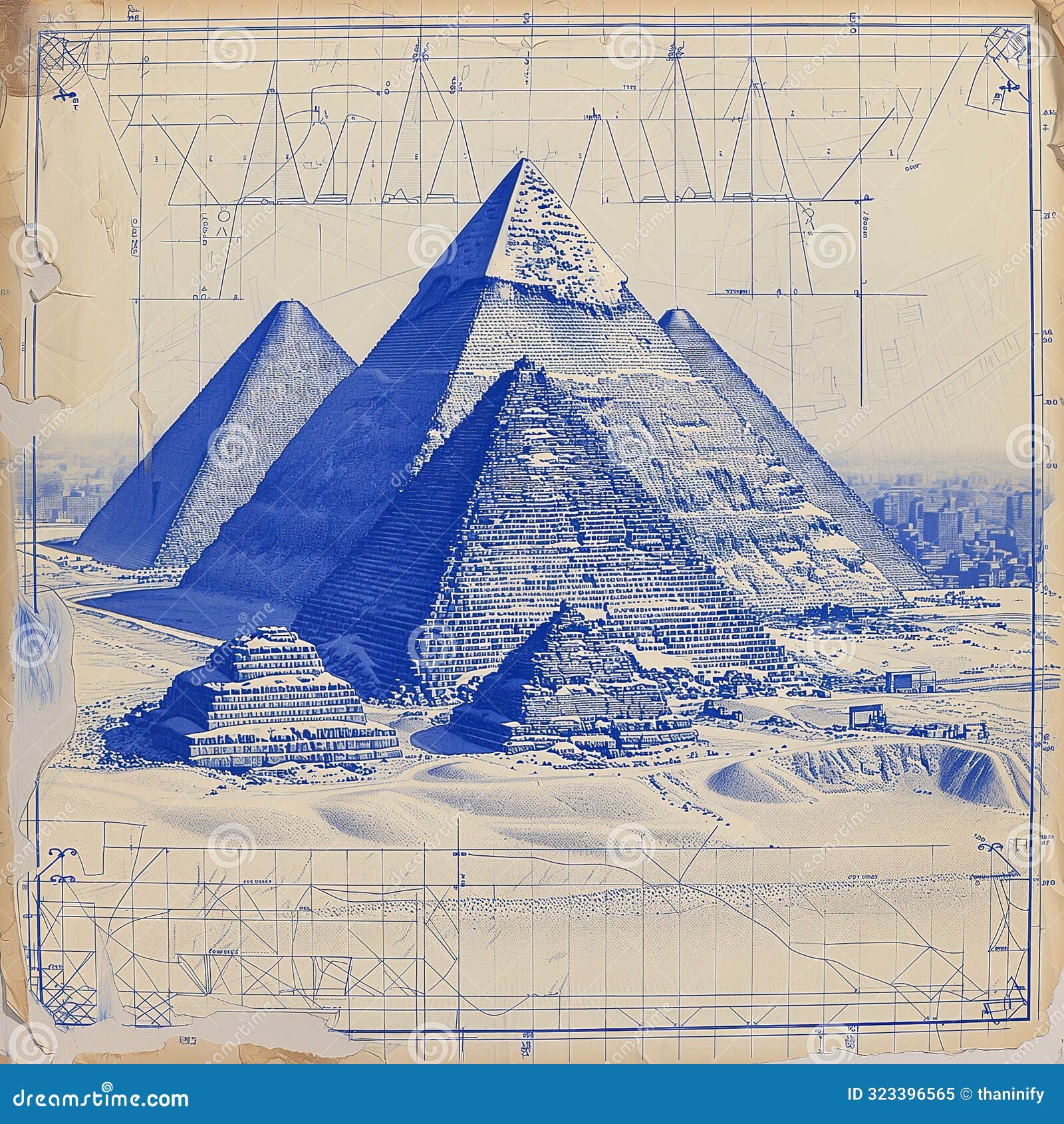 A Close Up of a Drawing of a Pyramid with a Blueprint Stock ...
