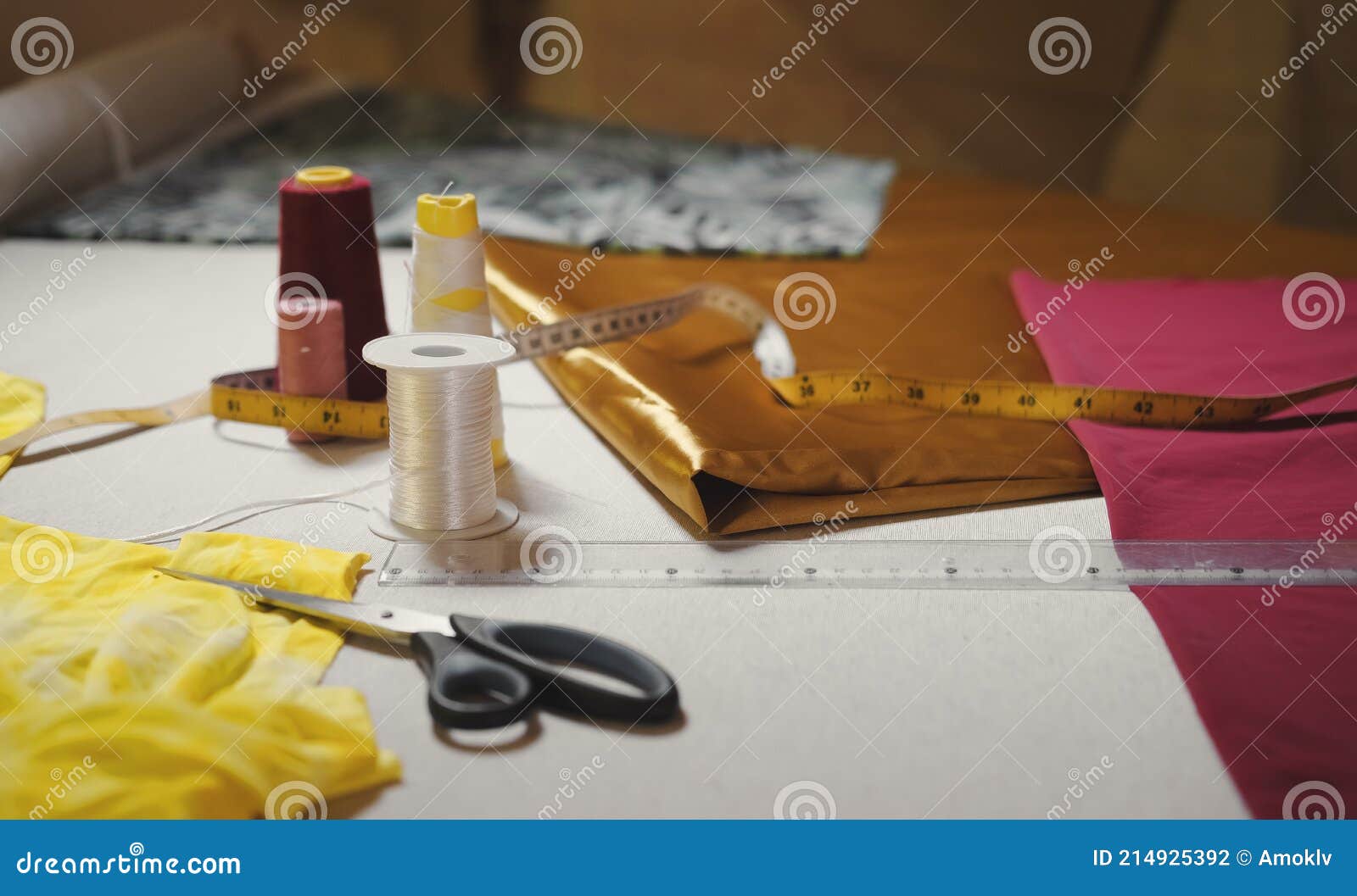Close Up of Dressmaker Workplace Table with Sewing Set Stock Photo ...