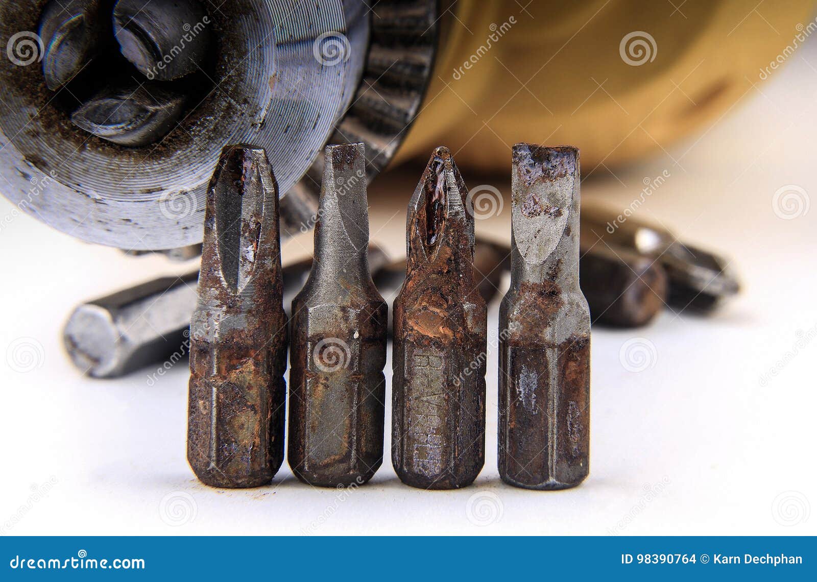 Close Up Driller and Rust Metallic Screwdrivers Stock Photo - Image of ...