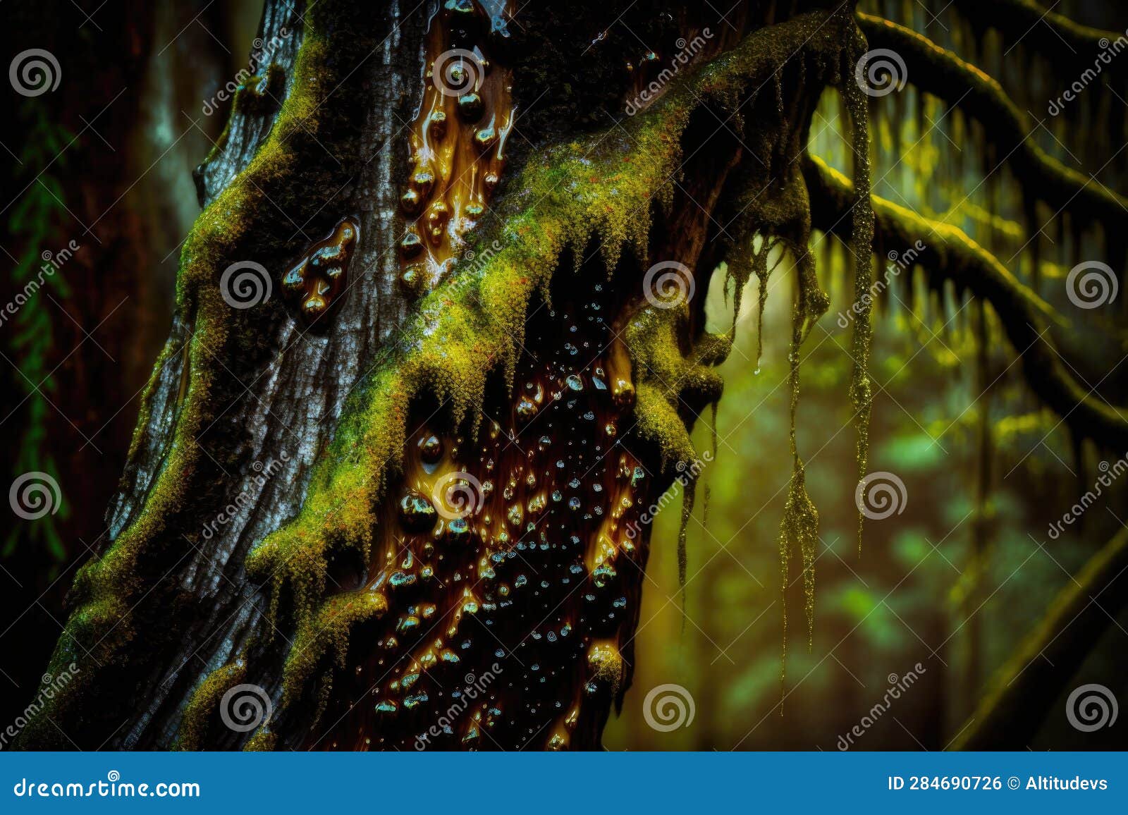 Close-up of Dripping Tree Sap on a Dark and Sinister Forest Trail Stock ...