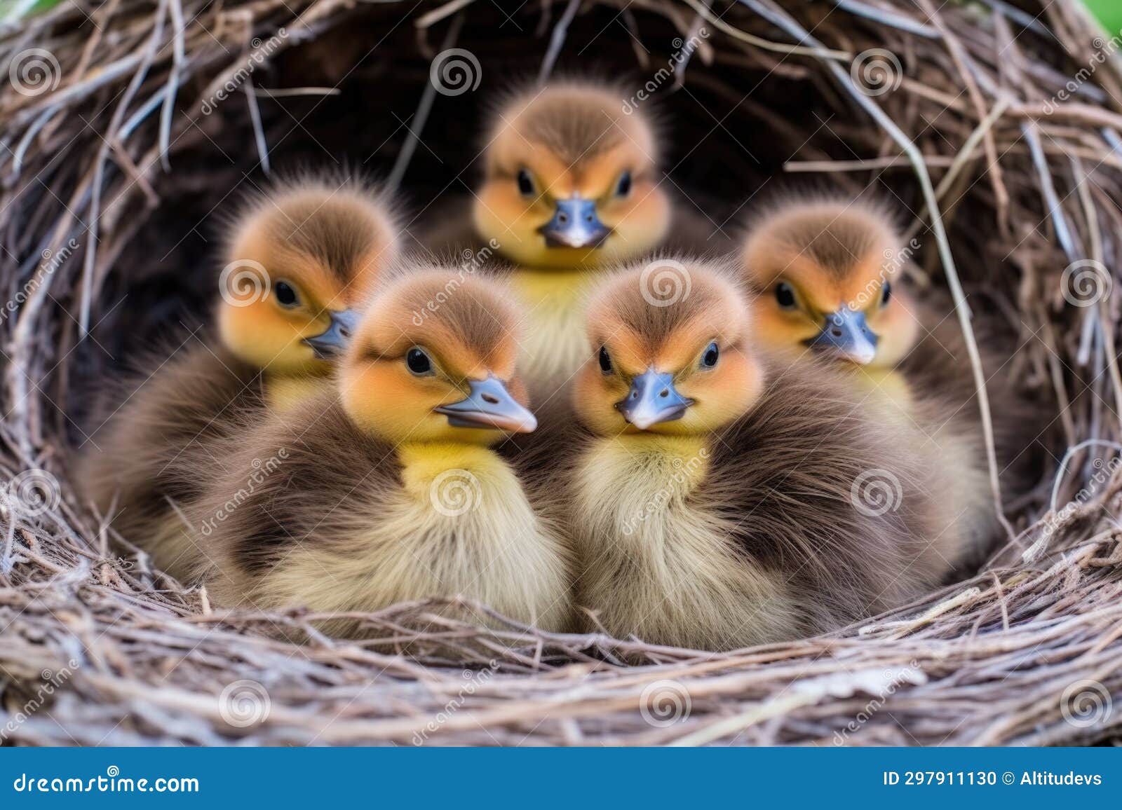Close-up of a Ducks Nest with a Brood of Fluffy Ducklings Stock Photo ...
