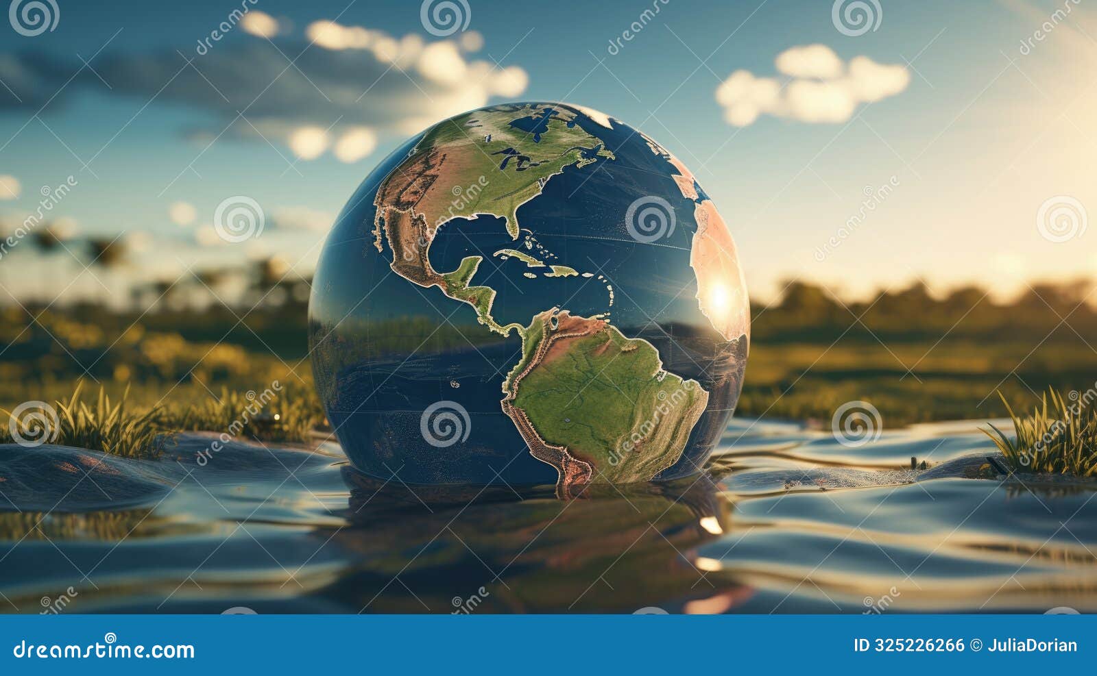 Close-up of Earth Globe Reflecting the Sunset in the Water Surface ...
