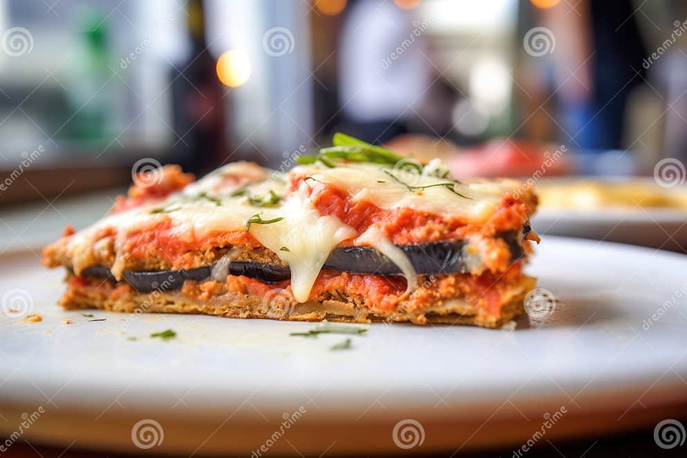 Close-up of Eggplant Parmesan Slice with Cheese Pull Effect Stock ...