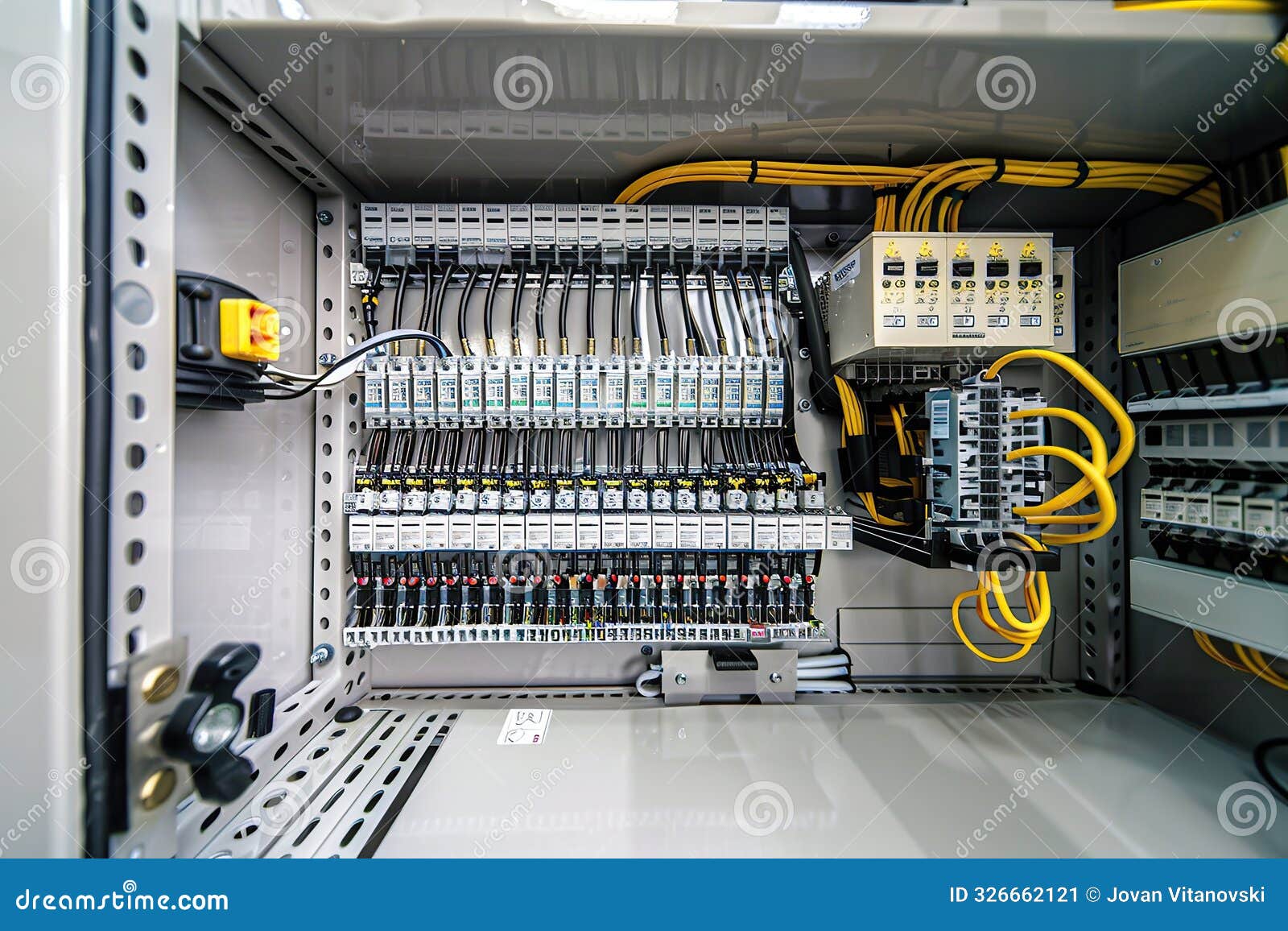 Electrical Control Panel With Circuit Breakers And Wiring In Cabinet ...