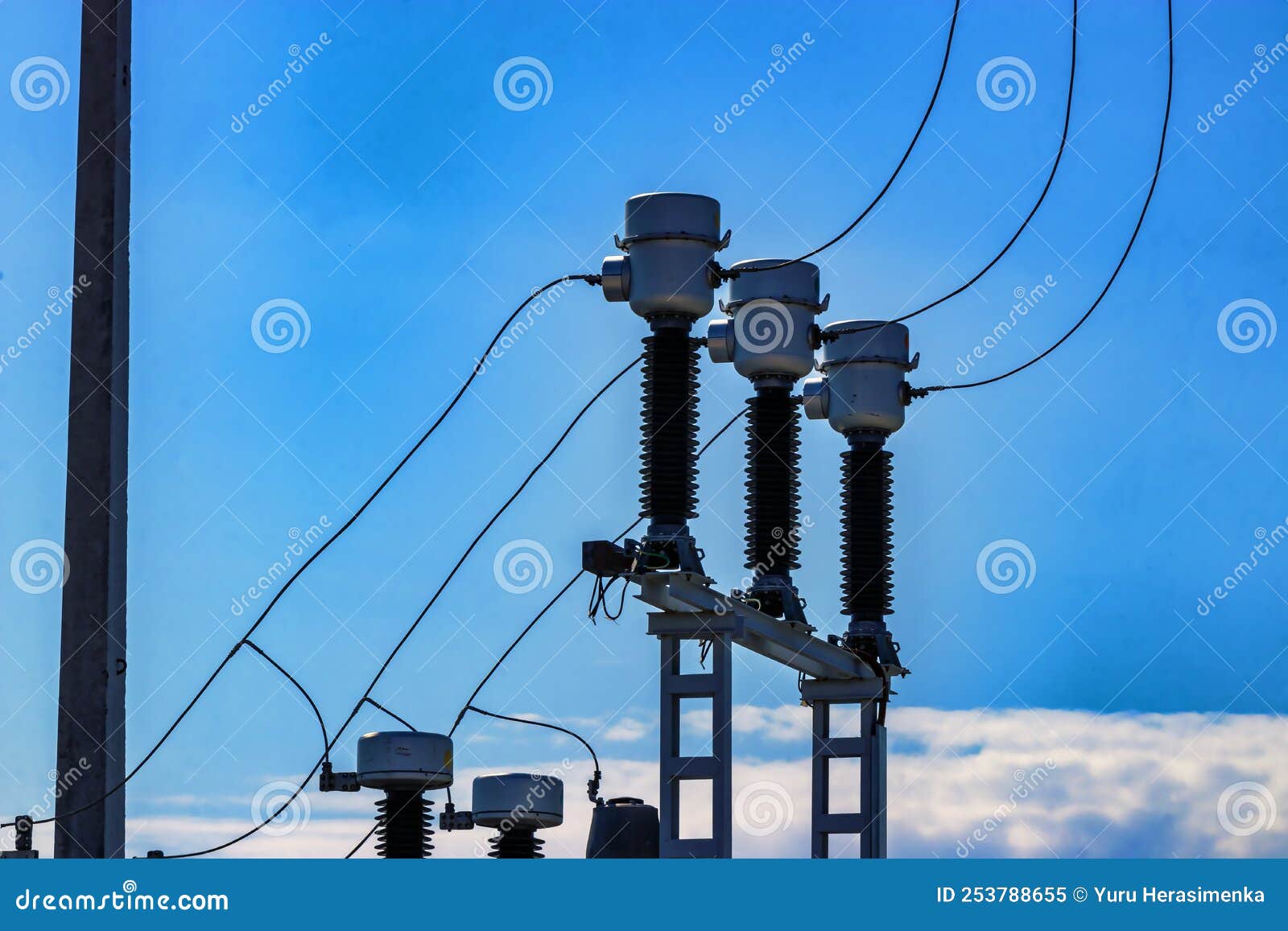 Close-up of Electrical Substation Showing Wires, Ceramic Insulators and ...