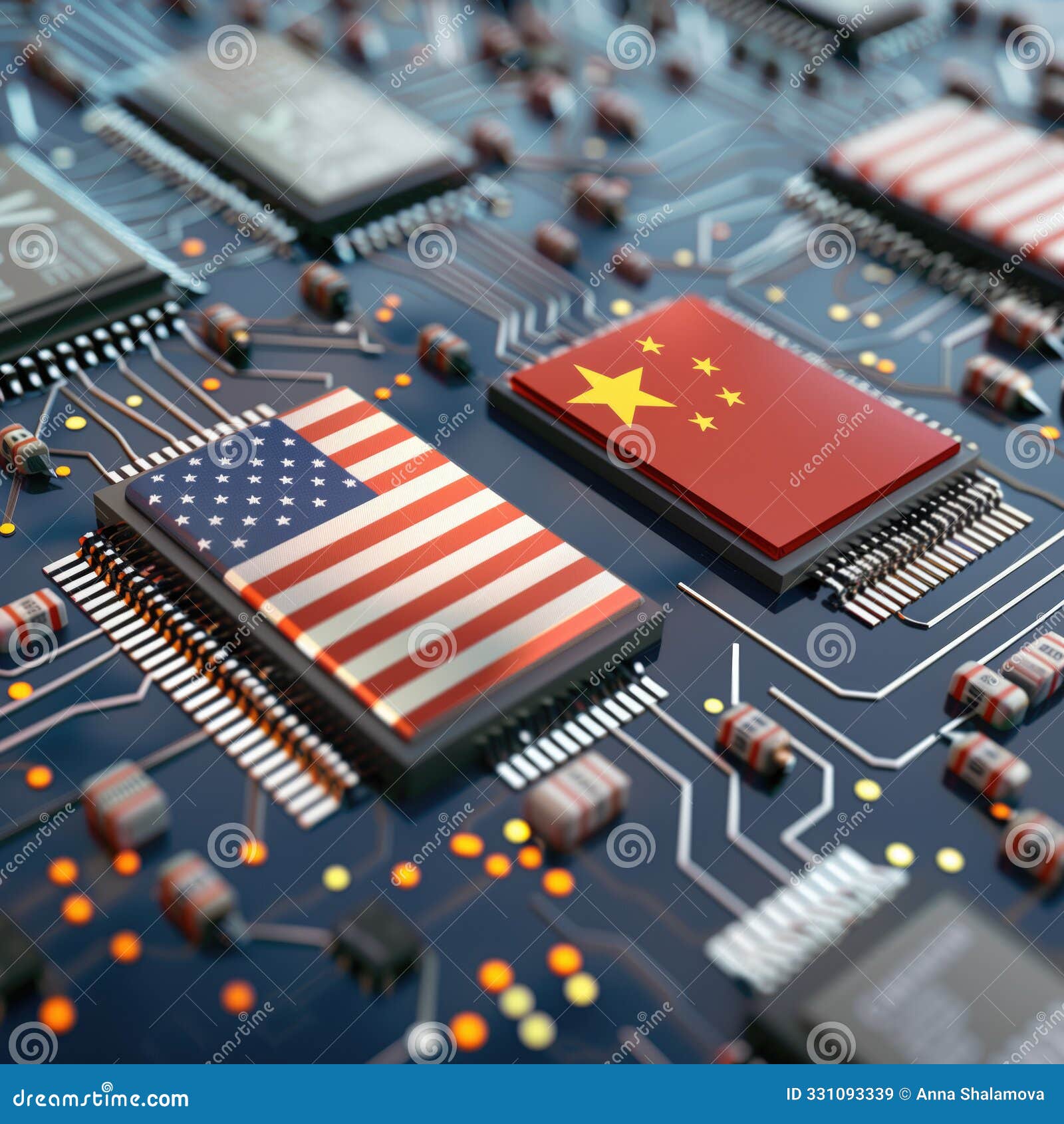 Close-up of Electronic Circuit Board with American and Chinese Flags on ...