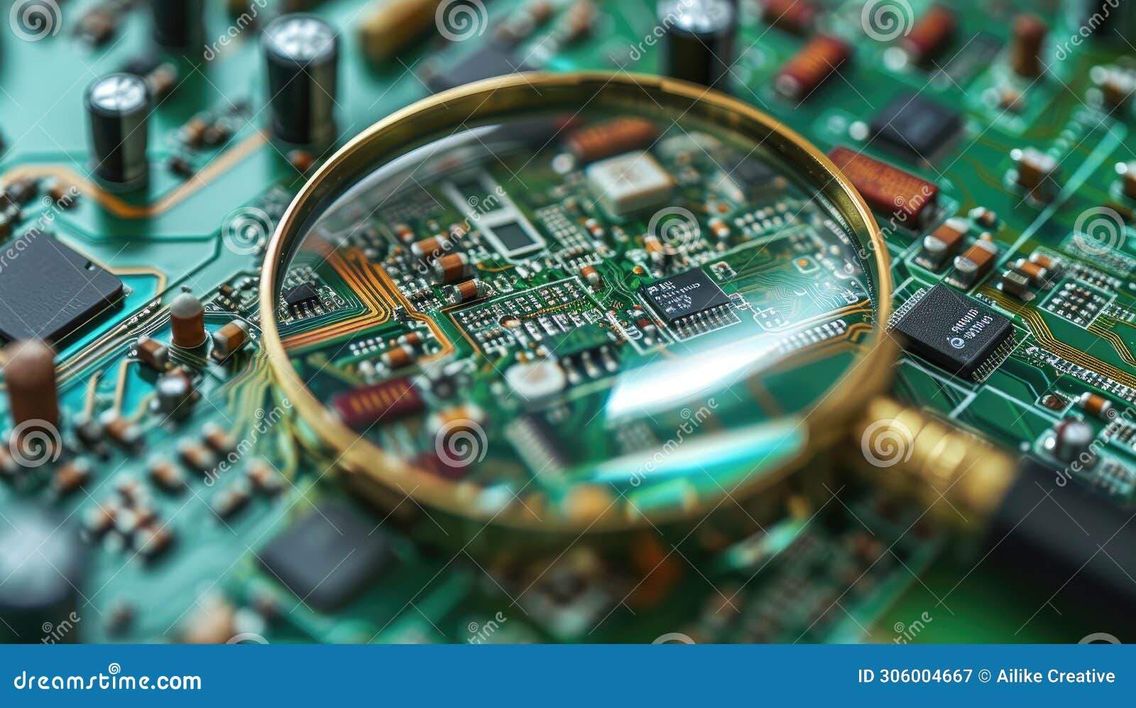 Close-up of Electronic Circuit Board with Magnifying Glass. Technology ...