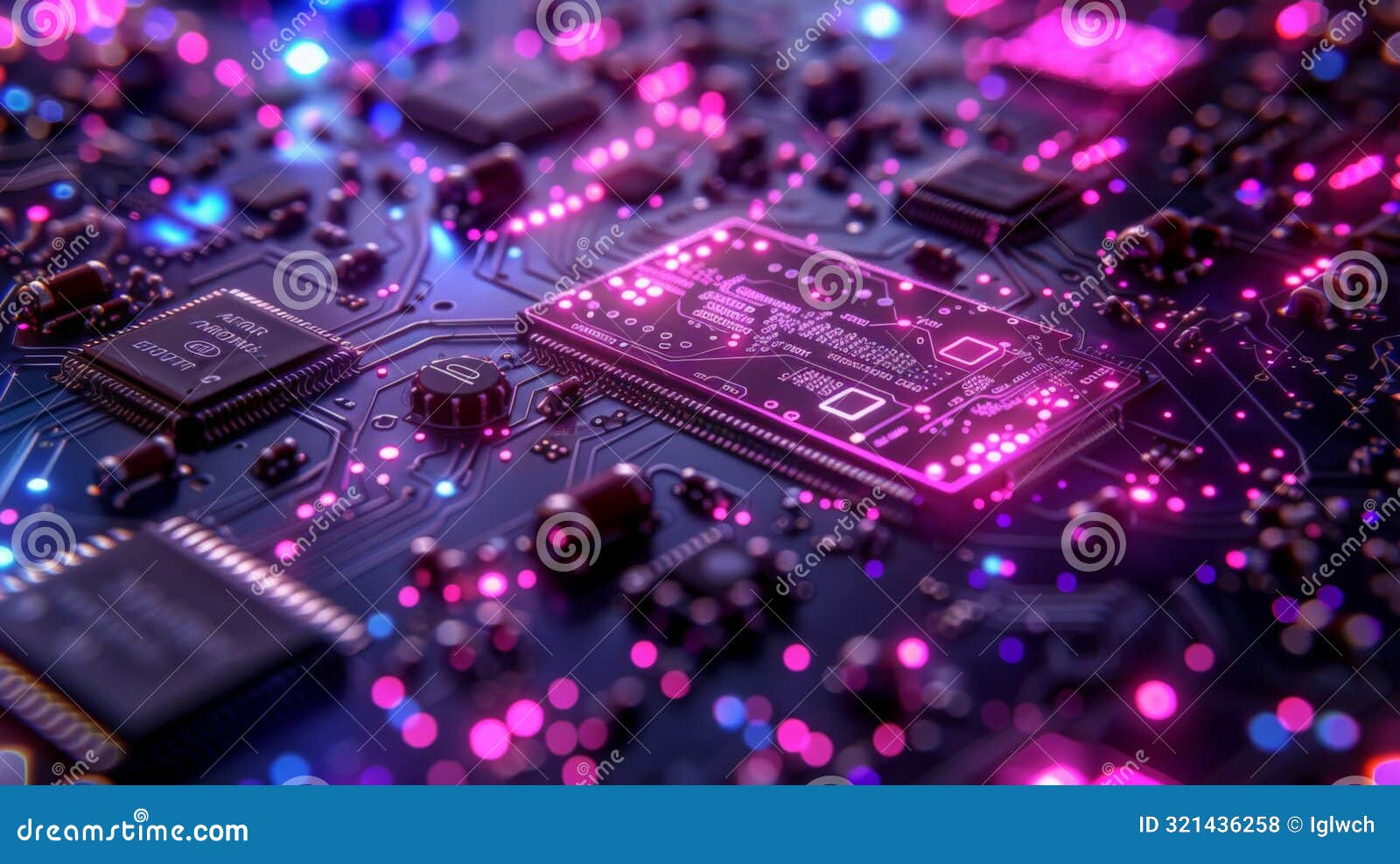 Close-up of Electronic Circuit Board with Pink Processor Chip and ...