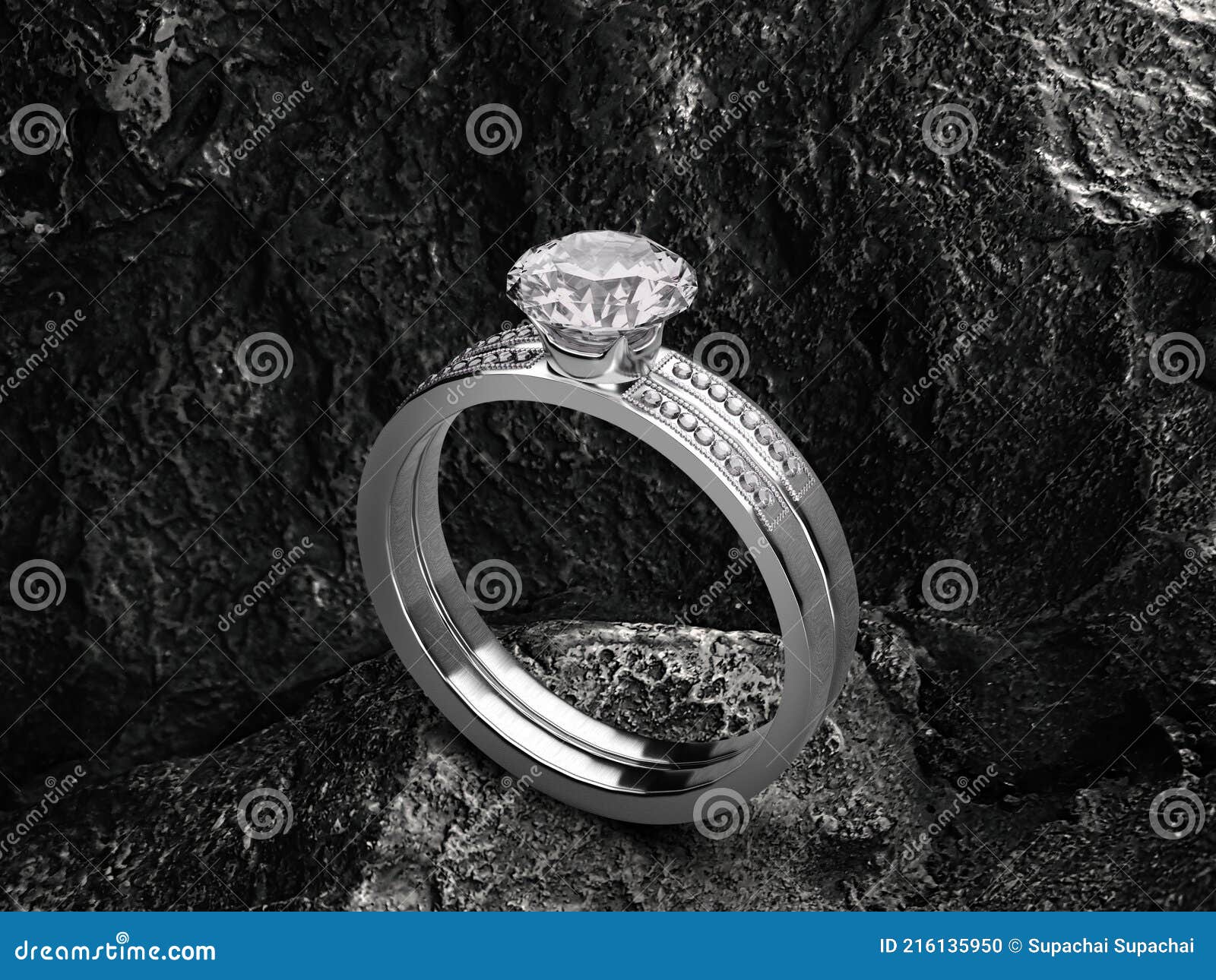 Close Up of Elegant Diamond Ring on Black Coal Background. 3D Render ...