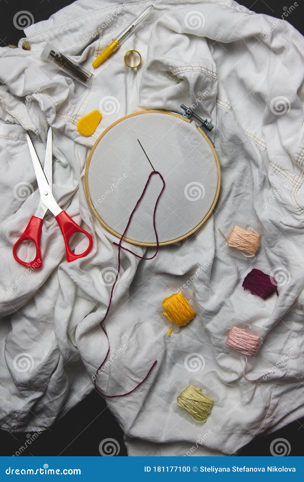 Close Up of Embroidery Tools, Knitting, Sewing, Handwork Hobby Stock ...