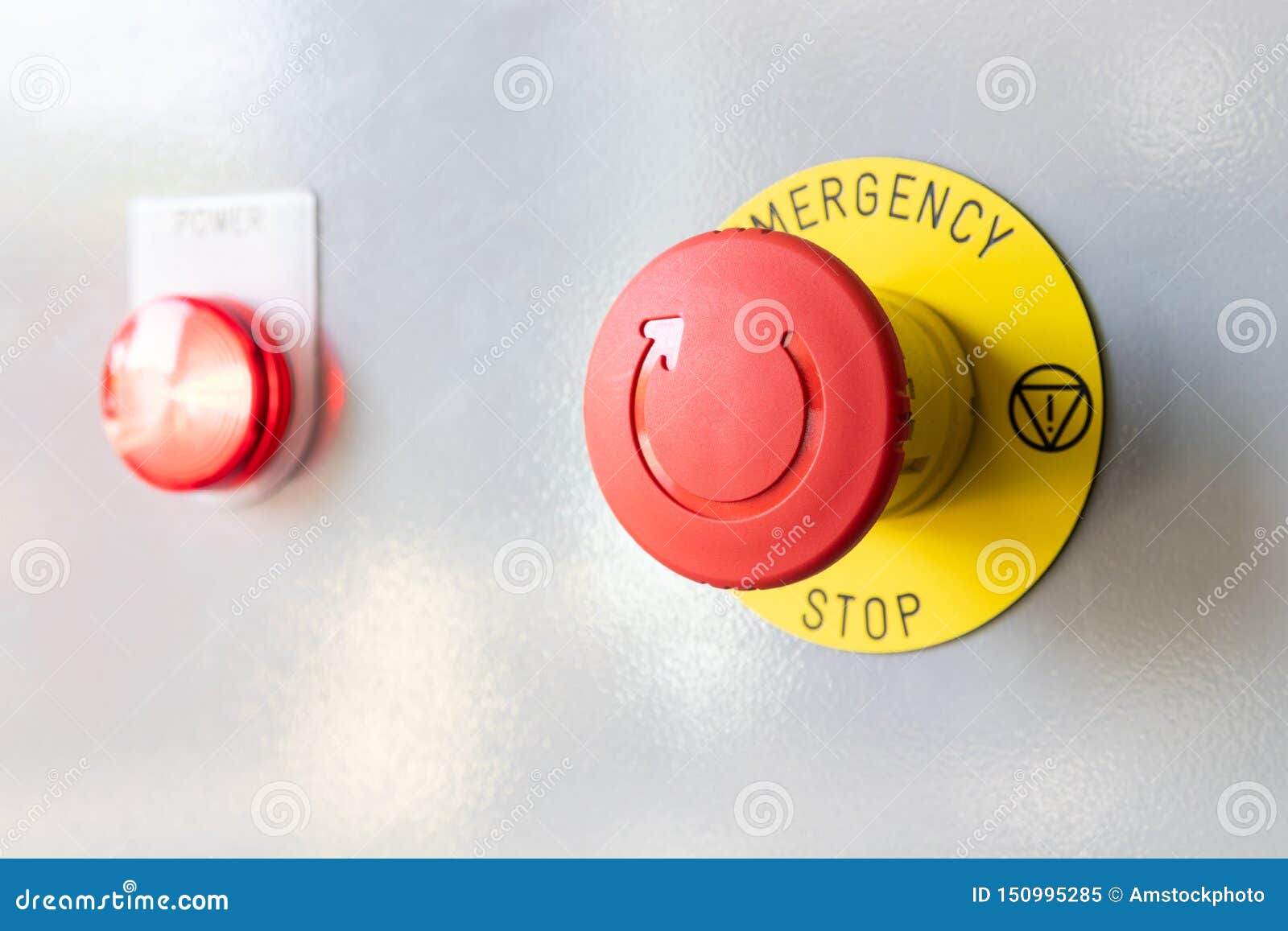 Close-up of Emergency Button and Red Light Button on Gray Steel Stock ...