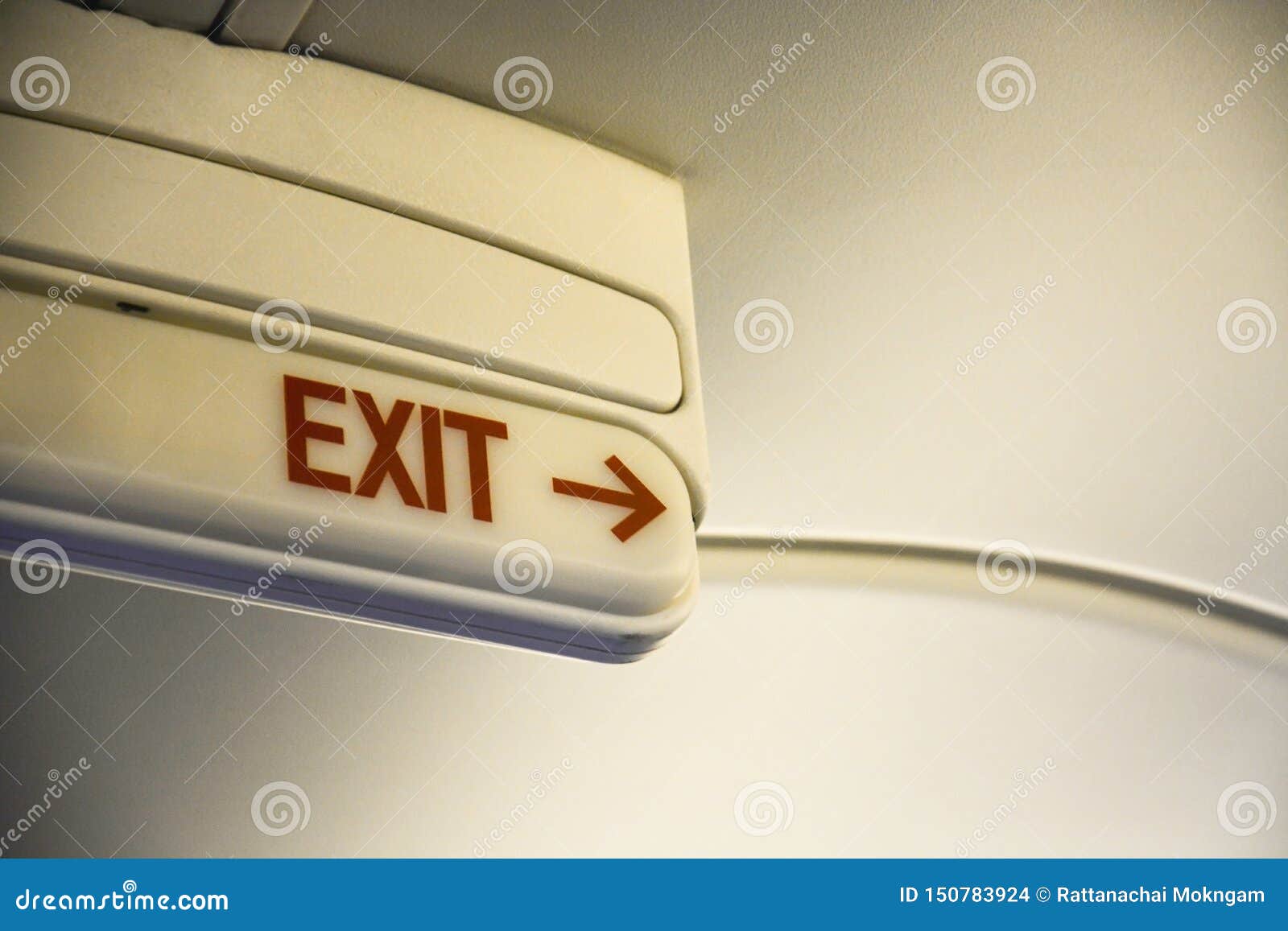 Close Up of Emergency Door Exit Sign with Red Arrow on the Ceiling of ...