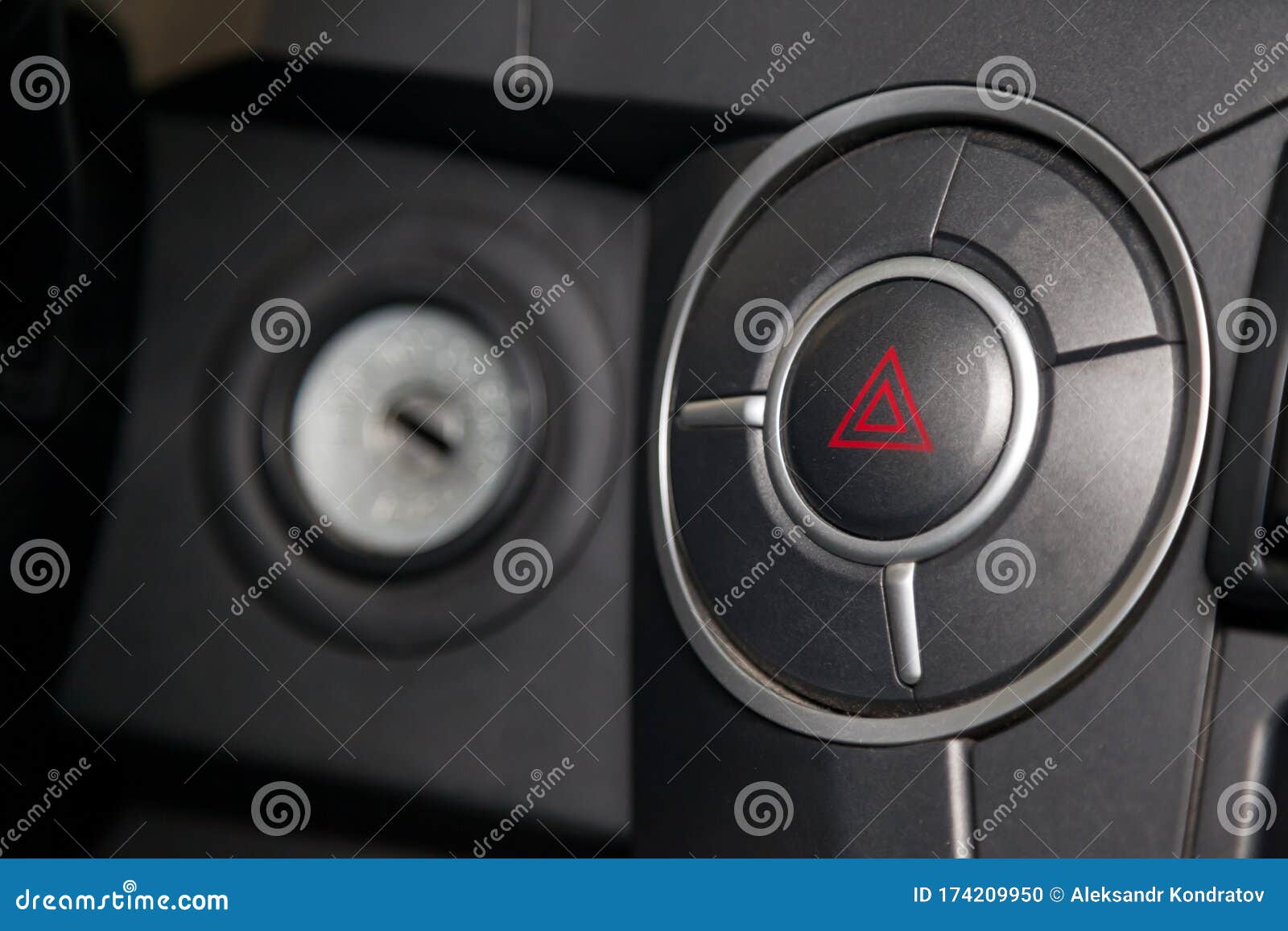 Close-up on Emergency Round Button with Red Triangle Icon on the Car ...