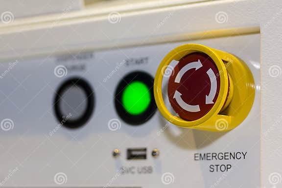 Close Up Emergency Stop Button on Control Panel of Machine for Safety ...