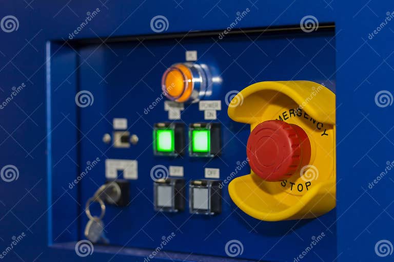 Close Up Emergency Stop Button on Control Panel of Machine for Safety ...