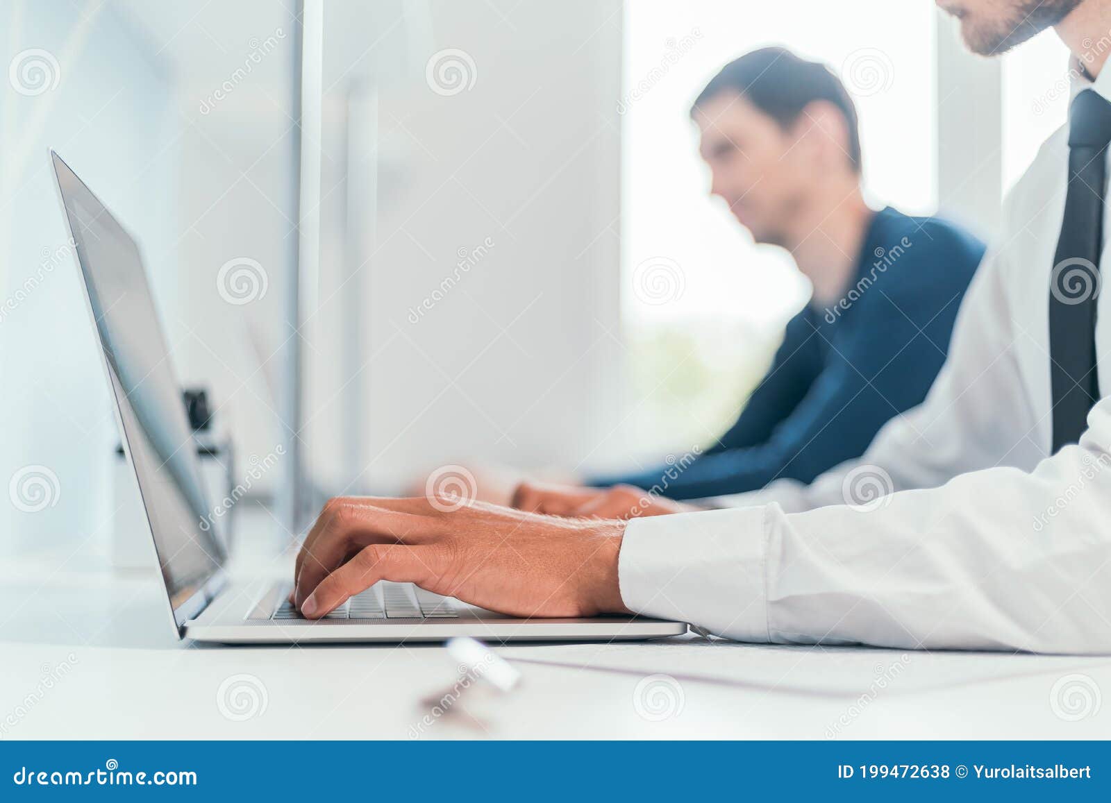 Close Up. Employee Works on a Laptop in the Office Stock Photo - Image ...