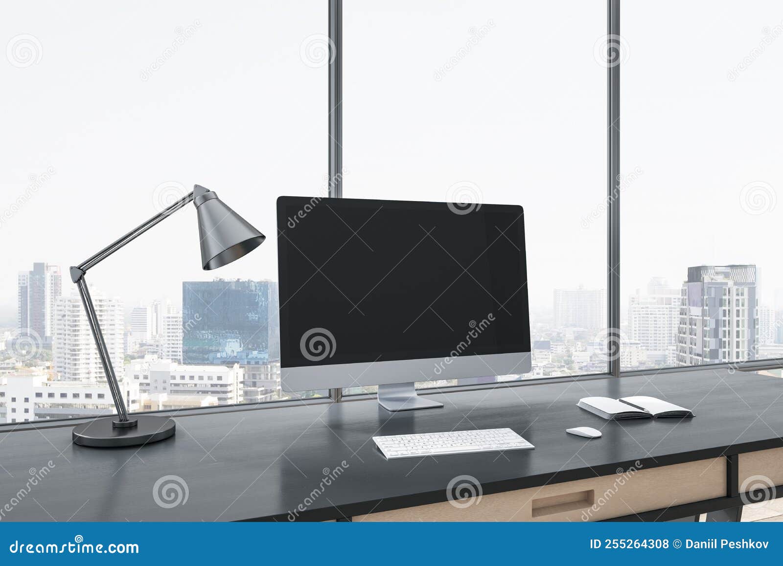 Close Up of Empty Computer Screen on Gray Office Desktop with Objects ...