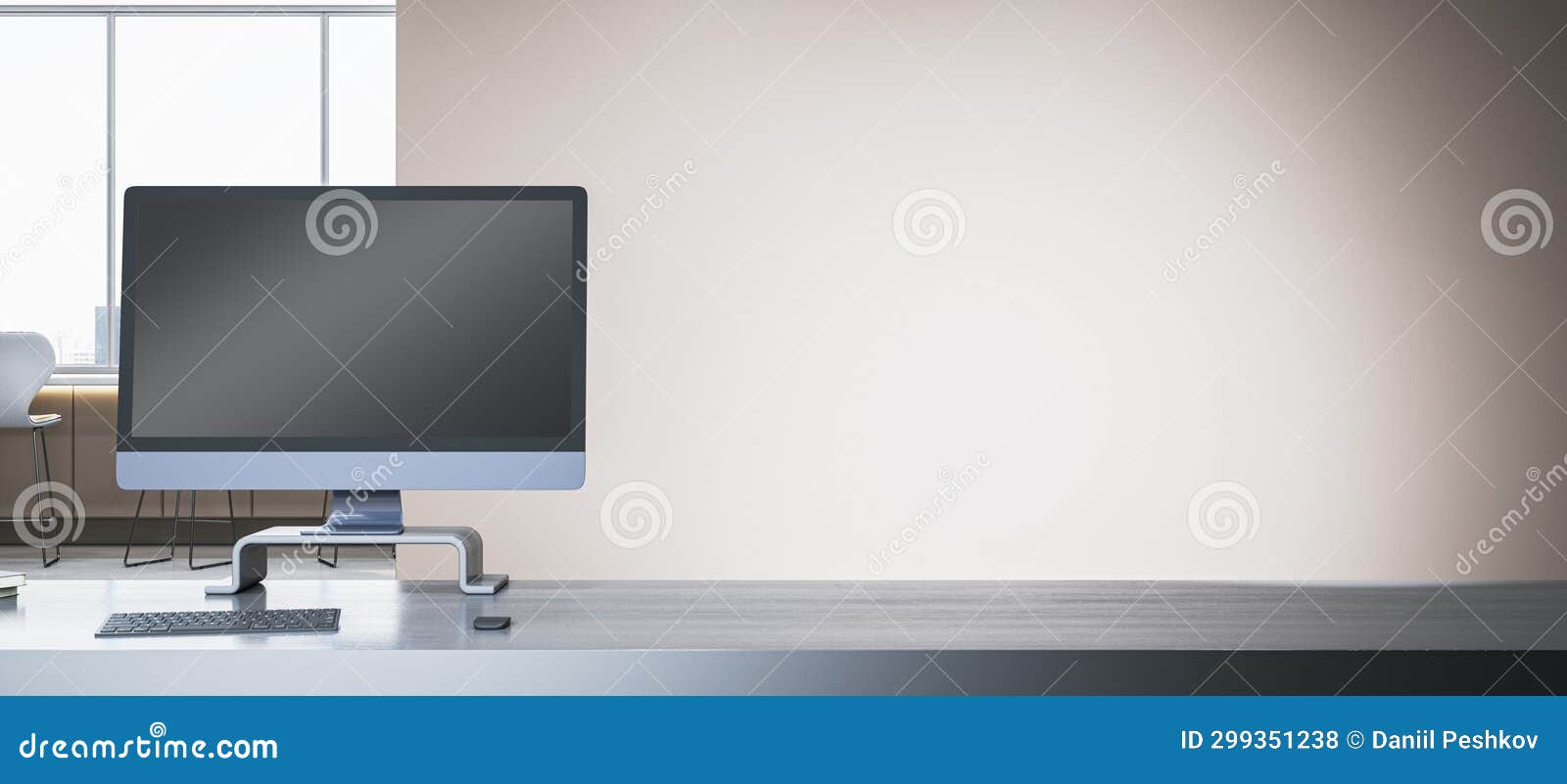 Close Up of Empty Computer Screen on Wide Wooden Office Desk. Window ...