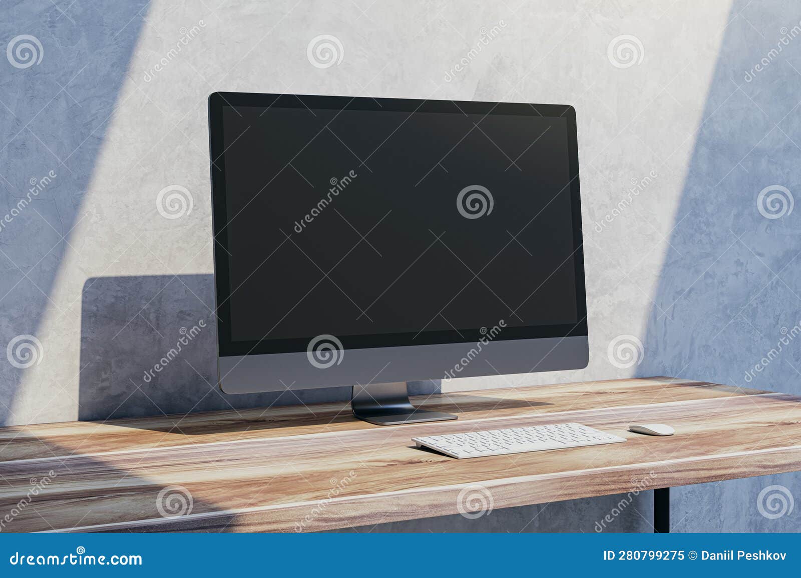 Close Up of Empty Mock Up Computer Screen on Wooden Desktop and ...