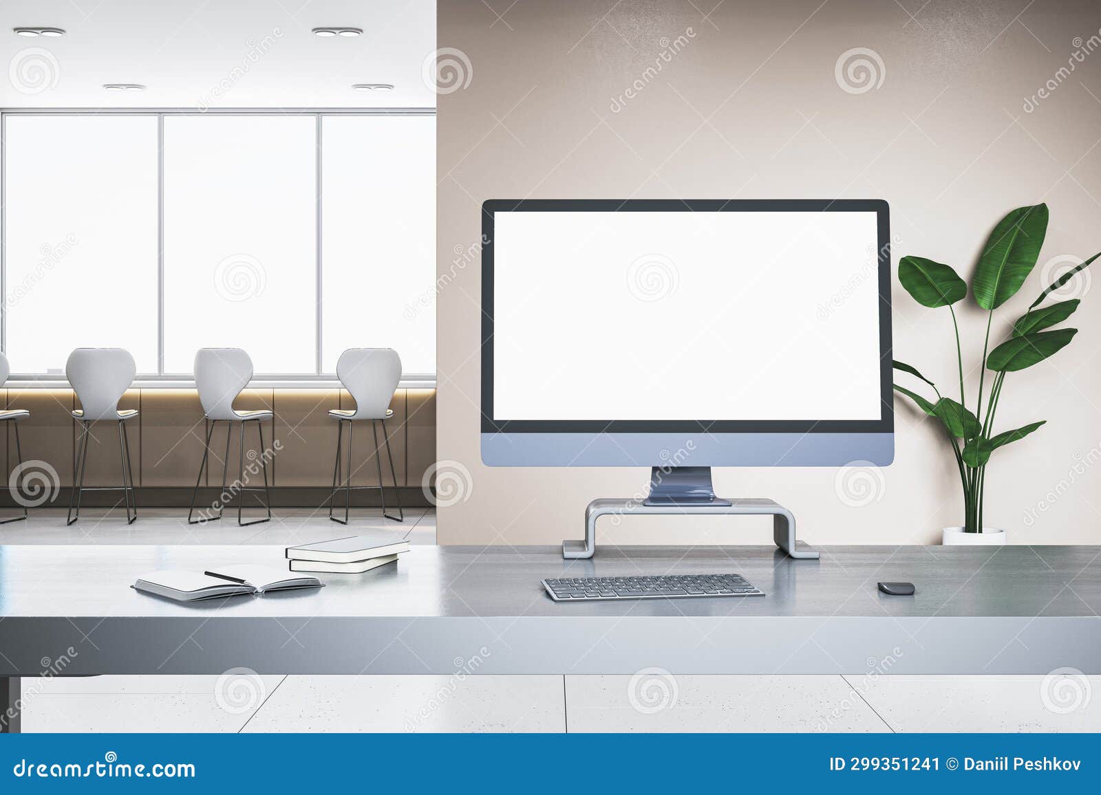 Close Up of Empty White Computer Screen on Wooden Office Desk. Window ...